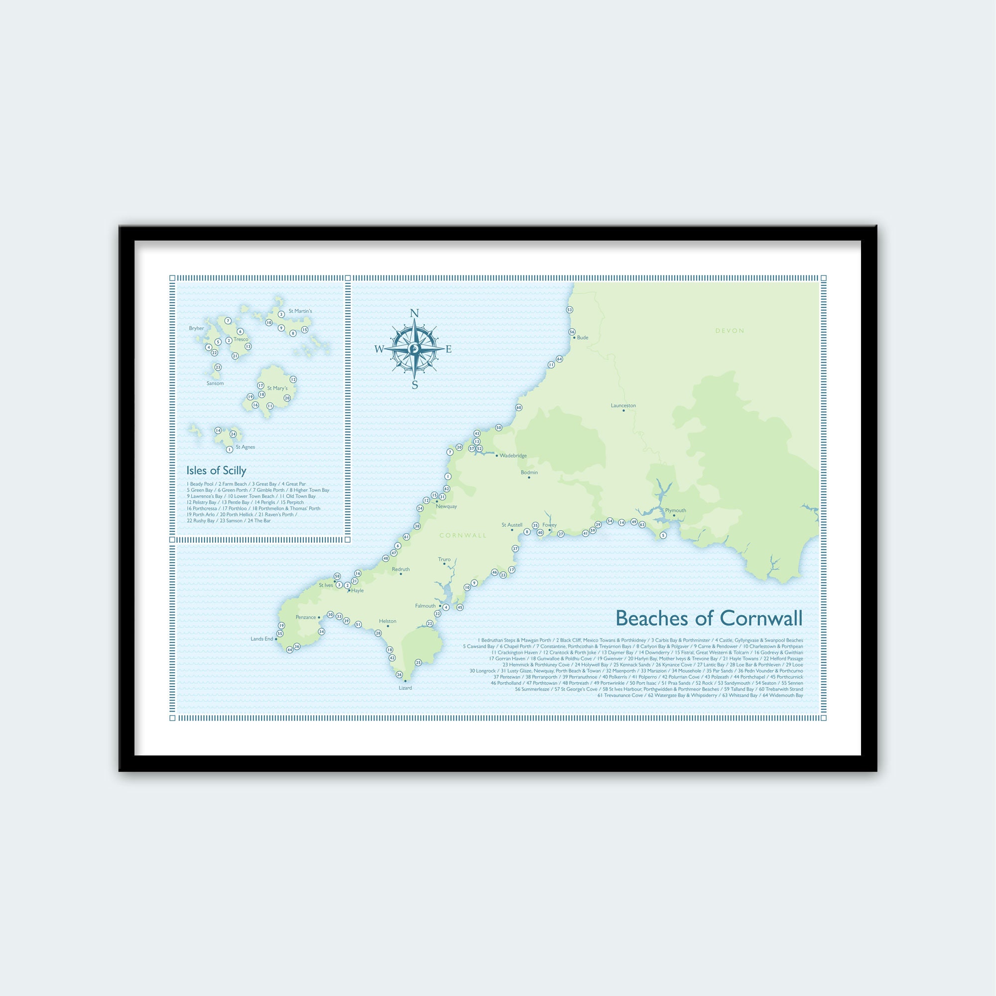 Cornwall Beaches Map Art Print / Personalised Giclee Beach Map - Etsy