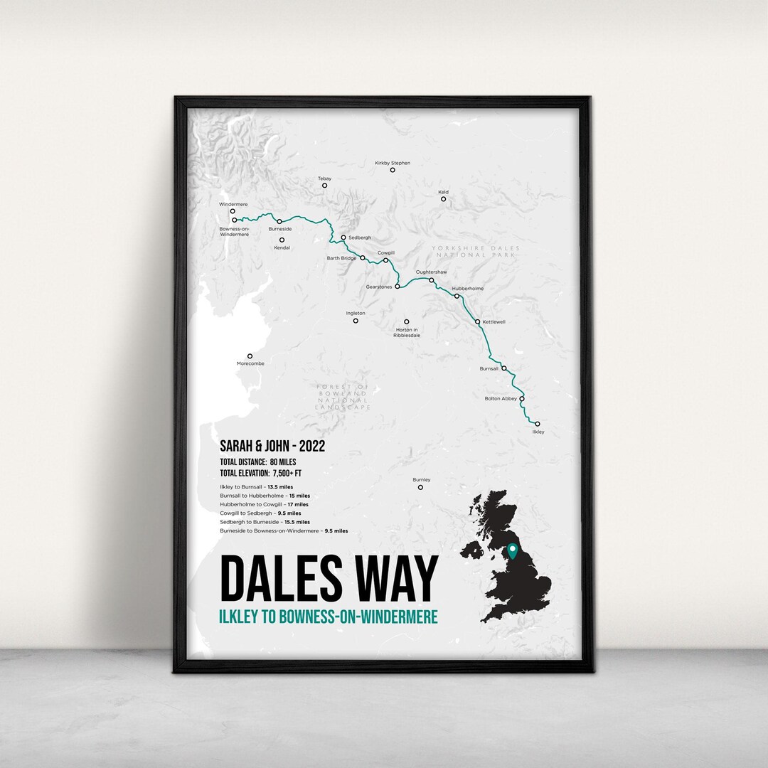 Dales Way Trail Personalised Art Print: Custom Hiking Trail Map Gift - Etsy