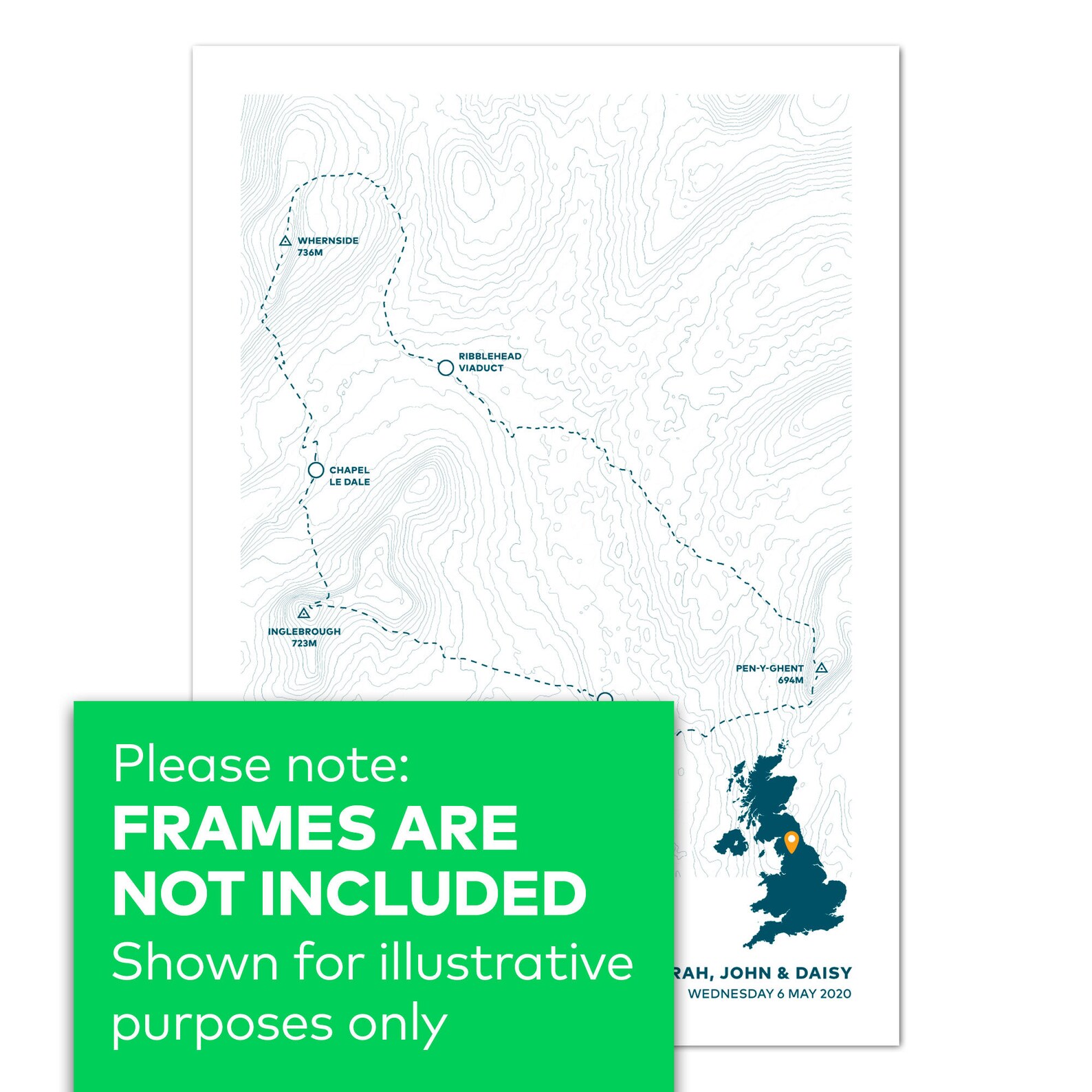 Yorkshire Three Peaks Personalised Contour Map Art Print: Custom ...