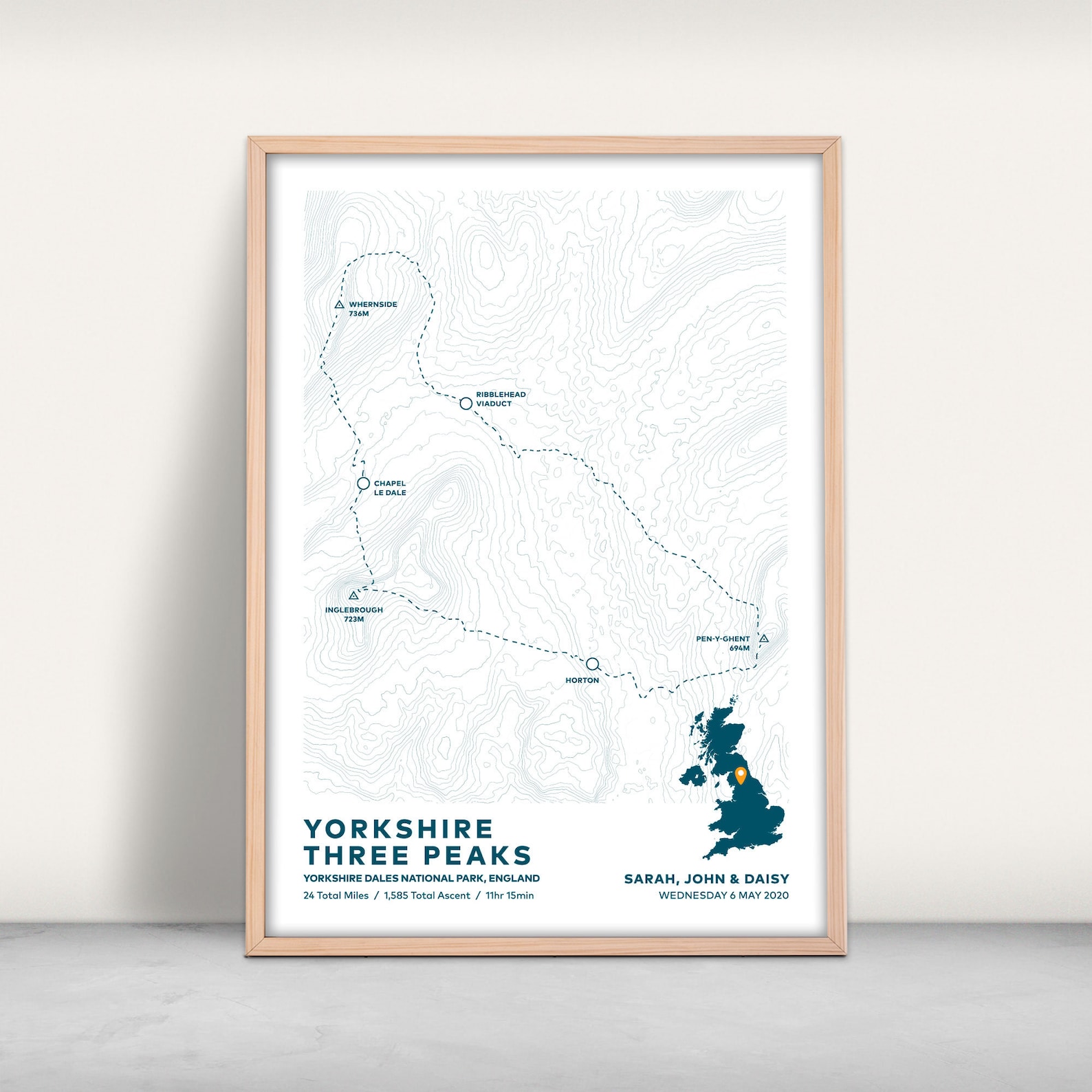 Yorkshire Three Peaks Personalised Contour Map Art Print / Custom ...