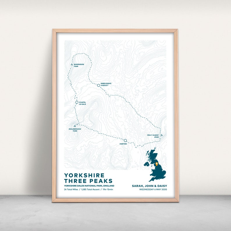 Yorkshire Three Peaks Personalised Contour Map Art Print / Custom ...