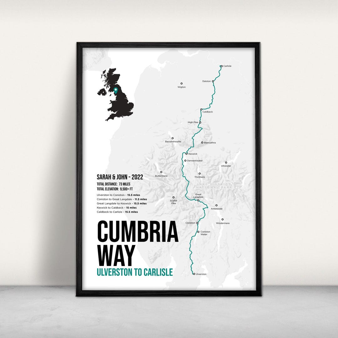 Cumbria Way Trail Personalised Art Print: Custom Hiking Trail Map Gift ...