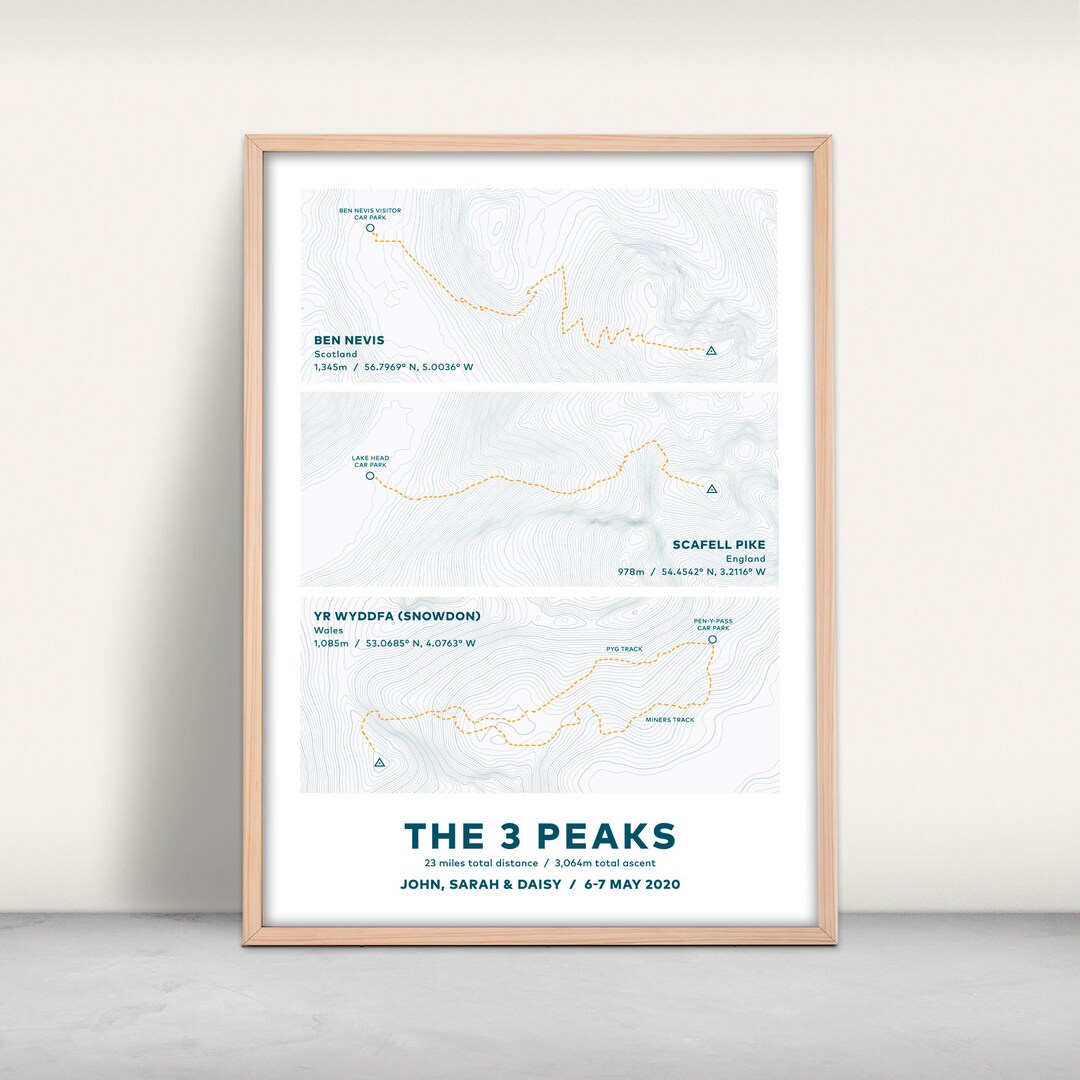 Three Peaks Challenge Personalised Map Contour Art Print / Giclee Print ...
