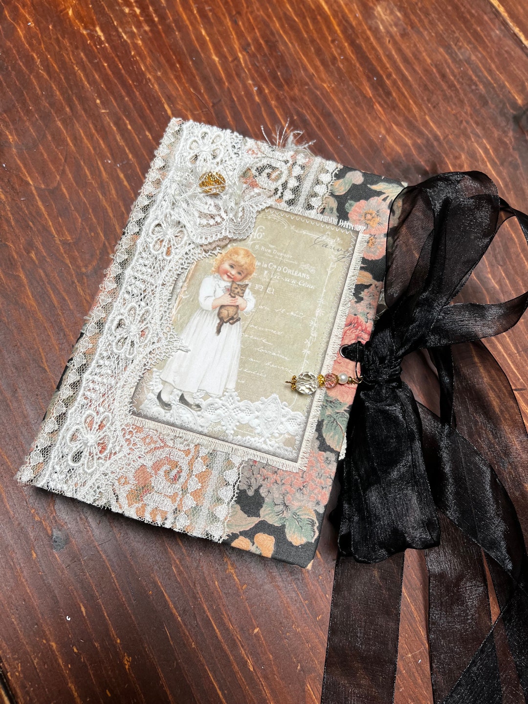 Lace Shabby Chic Junk Journal, Vintage Fabric Cover Journal, Black ...