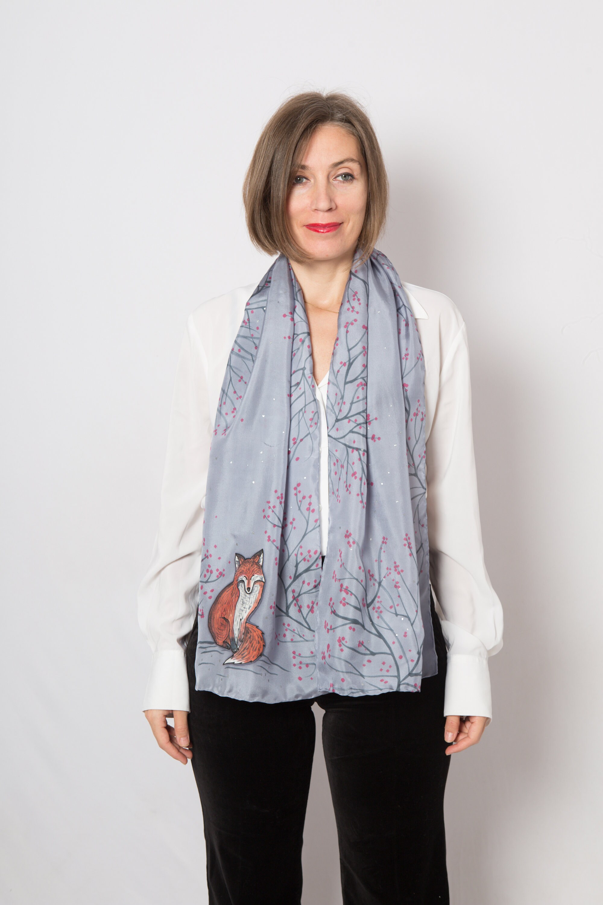 Fox Scarf Hand Painted Silk Scarf Fox Christmas Scarf Winter Scarf Grey ...