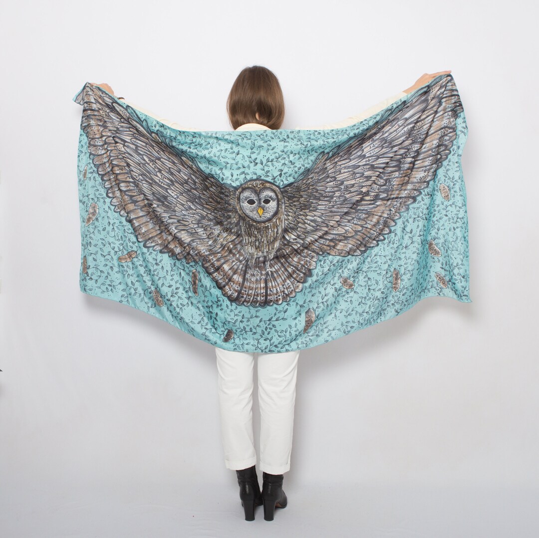 Owl Hand Painted Silk Scarf Owl Wing Scarf Grey Silk Scarf Bird Scarf ...
