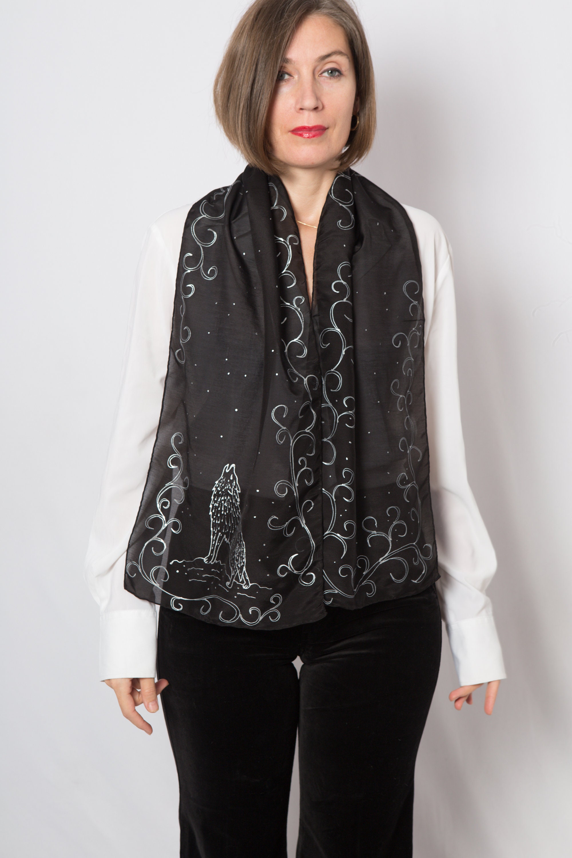 Wolf Print Silk Scarf Hand Painted Wolf Print Scarf Black Silk - Etsy