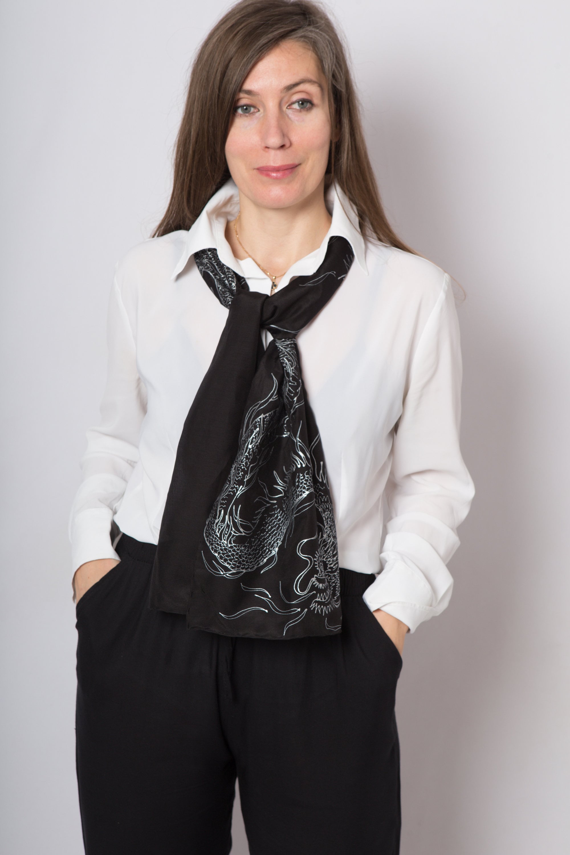 Dragon Scarf Hand Painted Silk Scarf Year of Dragon Black Silver Scarf ...