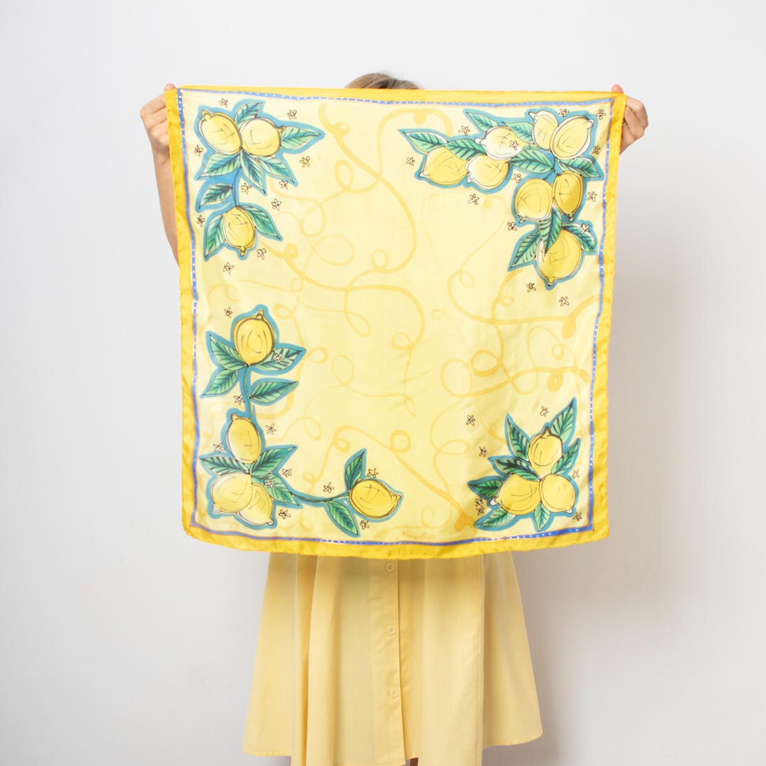 Yellow Hand Painted Silk Scarf Lemon Print Square Head Scarf Lemon ...