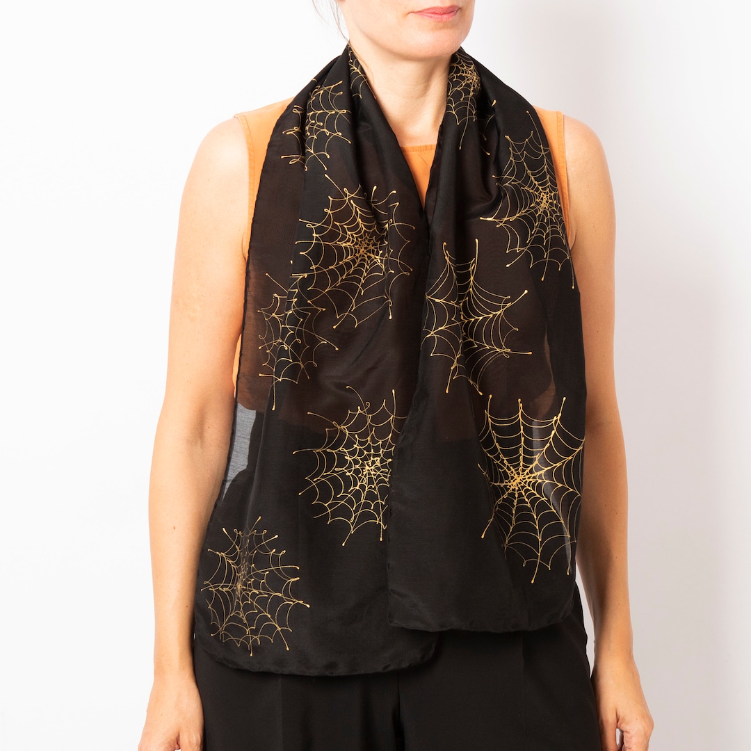 Spider Web Print Scarf Hand Painted Silk Scarf Black Cotton Silk Scarf ...