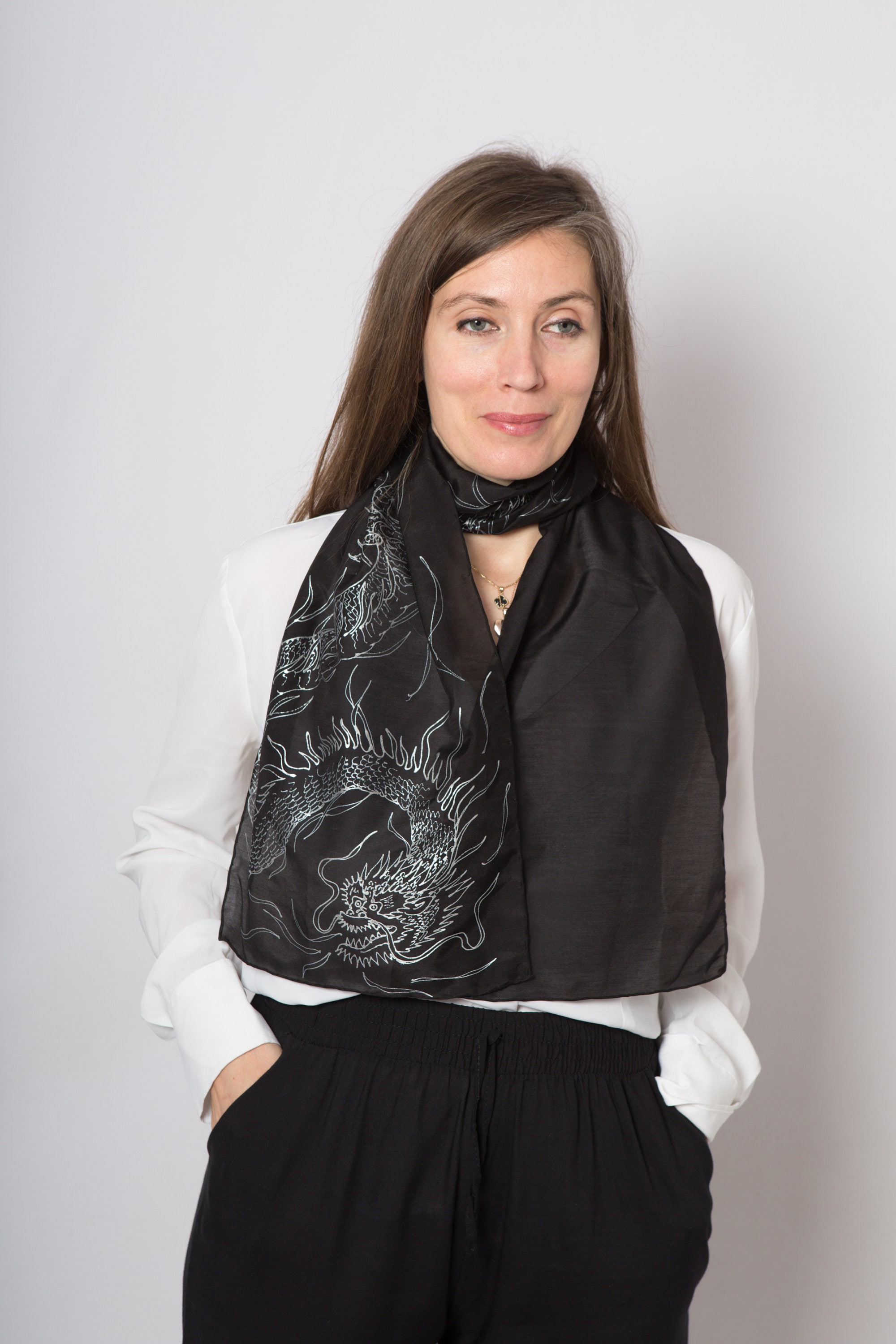 Dragon Scarf Hand Painted Silk Scarf Year of Dragon Black Silver Scarf ...