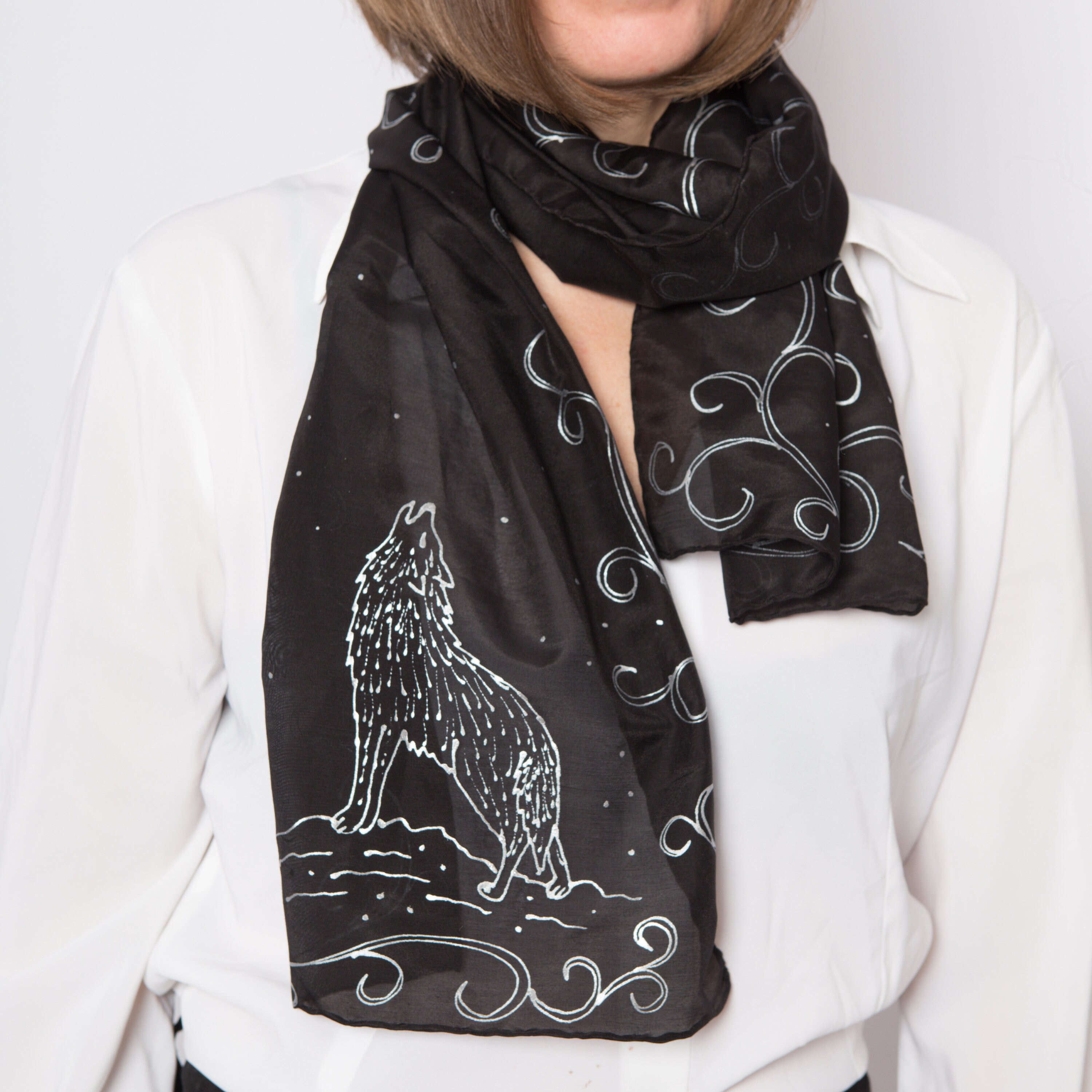 Wolf Print Silk Scarf Hand Painted Wolf Print Scarf Black Silk - Etsy