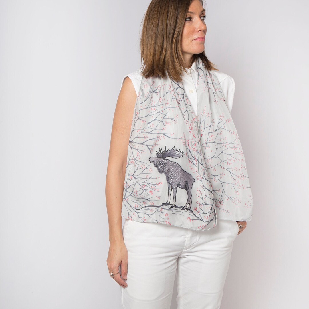 Moose Hand Painted Silk Scarf Moose Print Grey Silk Scarf Moose Scarf ...