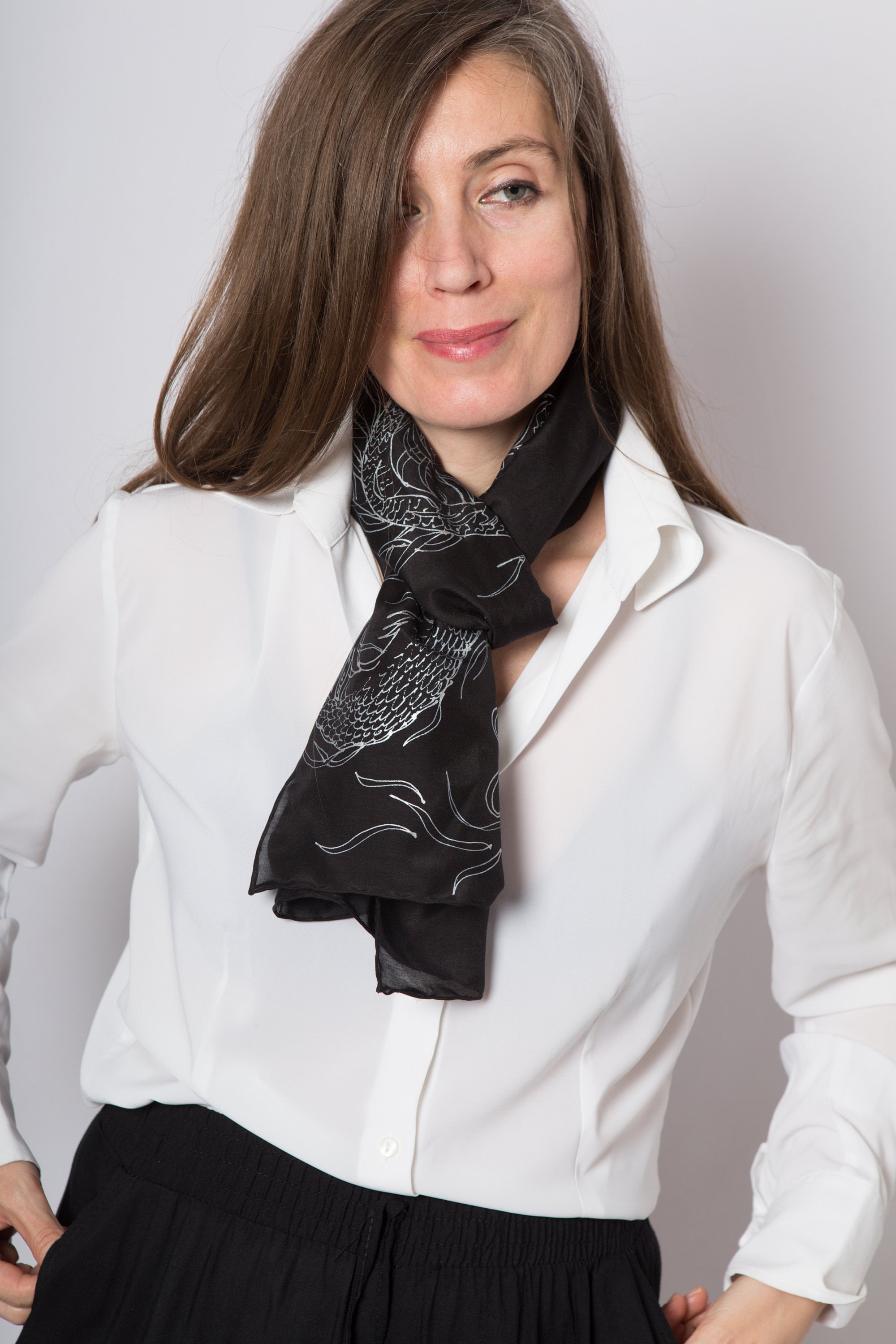 Dragon Scarf Hand Painted Silk Scarf Year of Dragon Black Silver Scarf ...