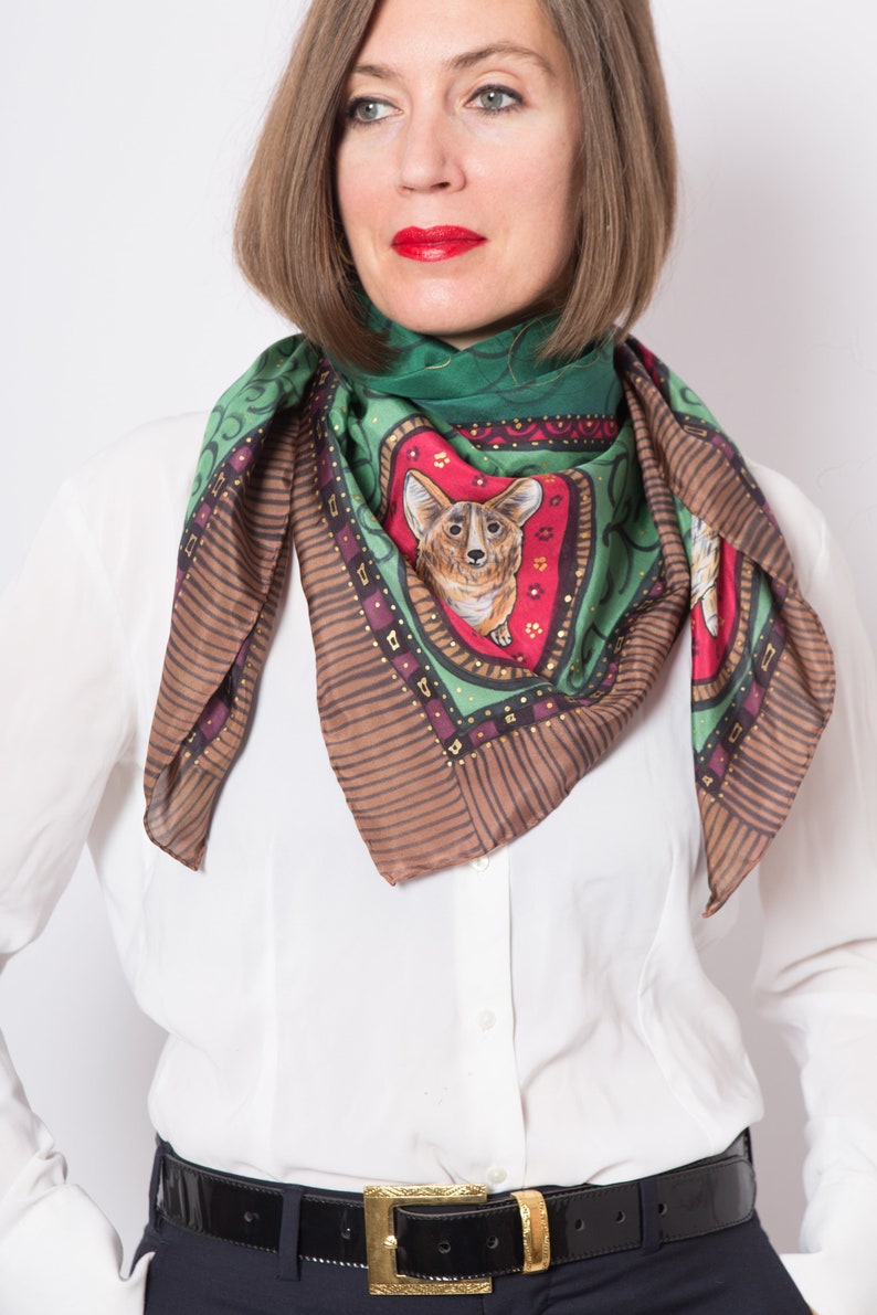 Hand-painted Corgi Silk Scarf, Dog Mom Gift (35.4" Square) - Etsy UK