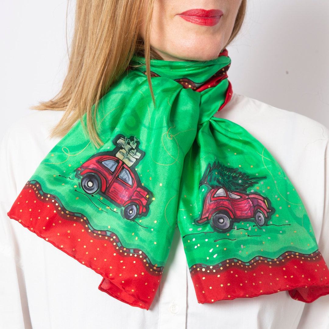 Hand Painted Silk Scarf Red Car Christmas Silk Scarf Green Silk Scarf ...