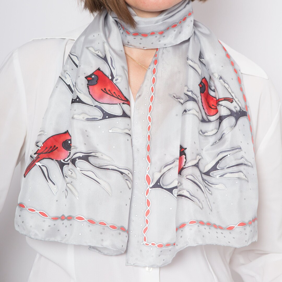 Cardinal Bird Hand Painted Silk Scarf Red Cardinal Pure Scarf Silk ...