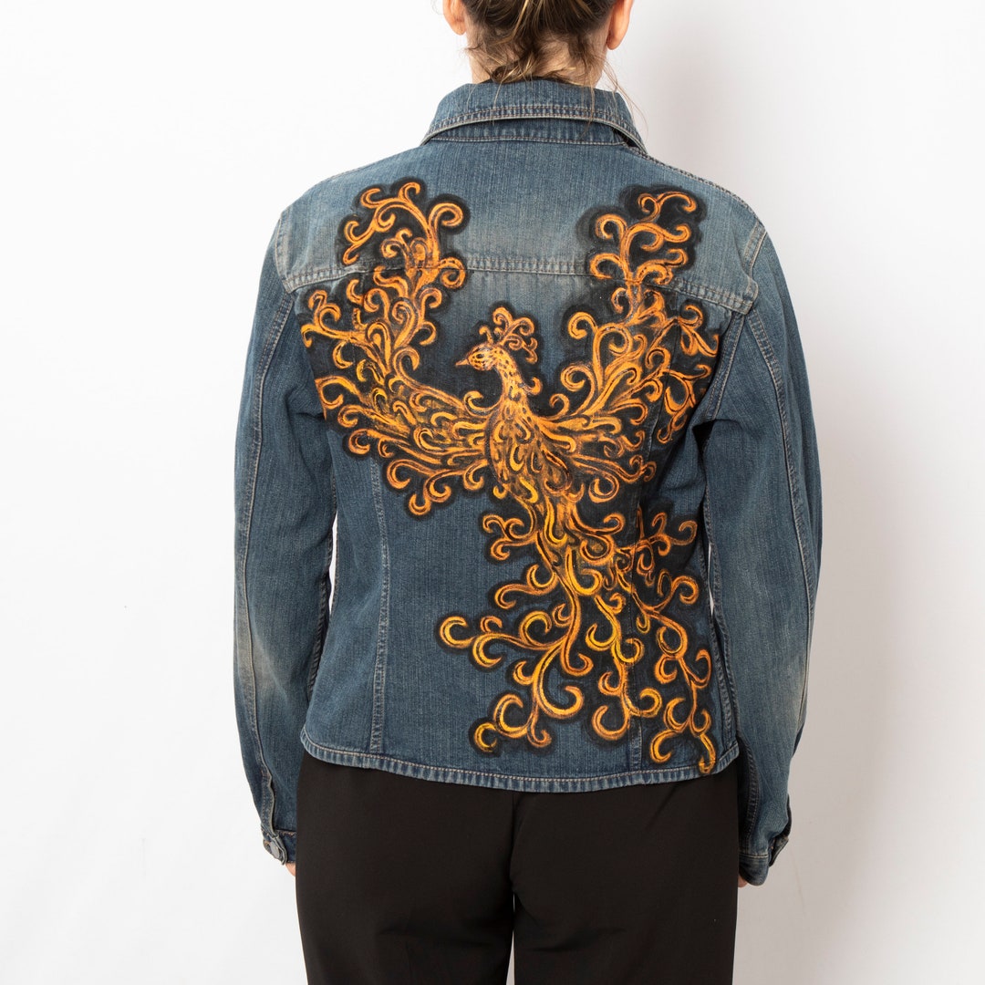 Phoenix Bird Hand Painted Denim Jacket Phoenix Print Bridal Denim ...