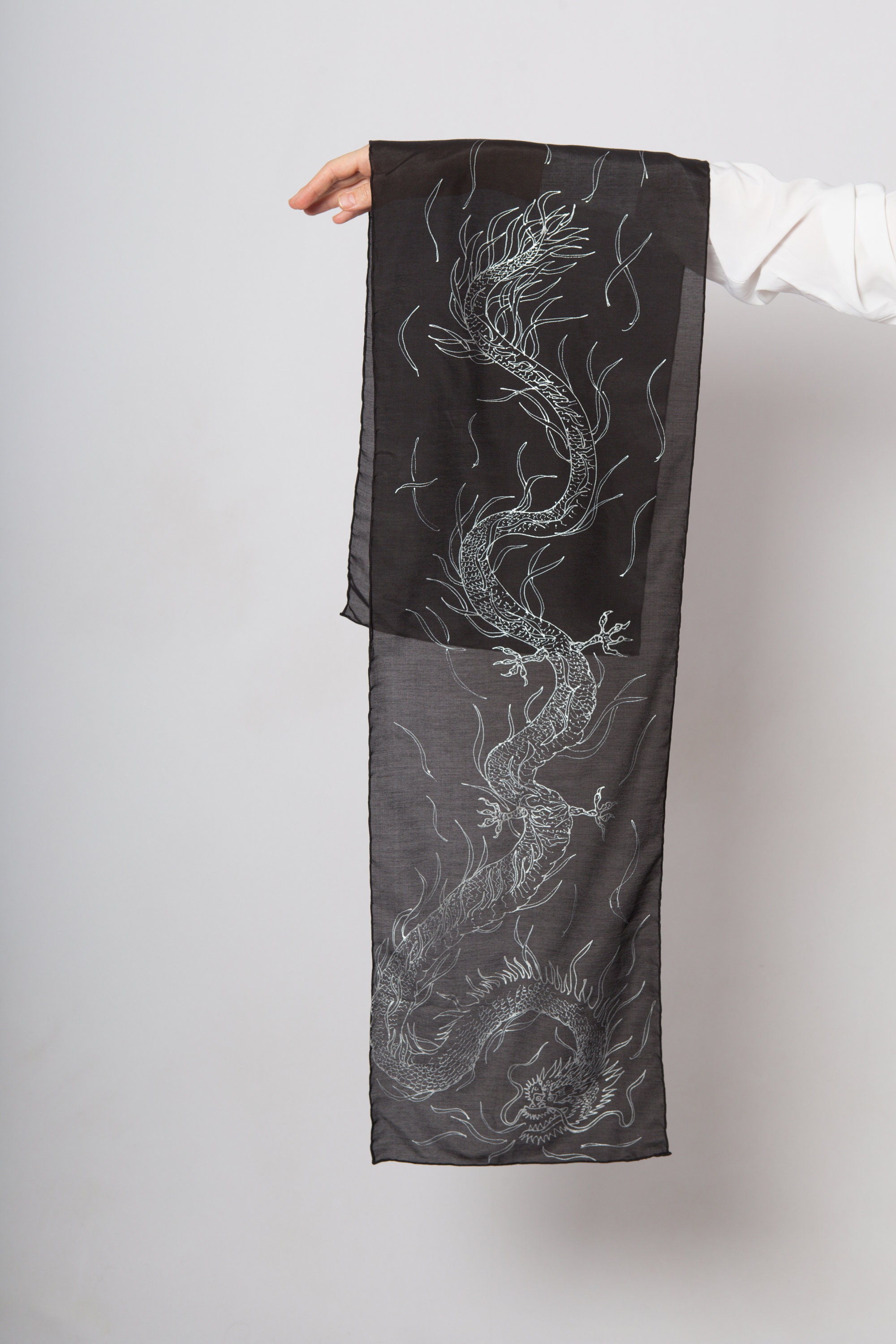 Dragon Scarf Hand Painted Silk Scarf Year of Dragon Black Silver Scarf ...