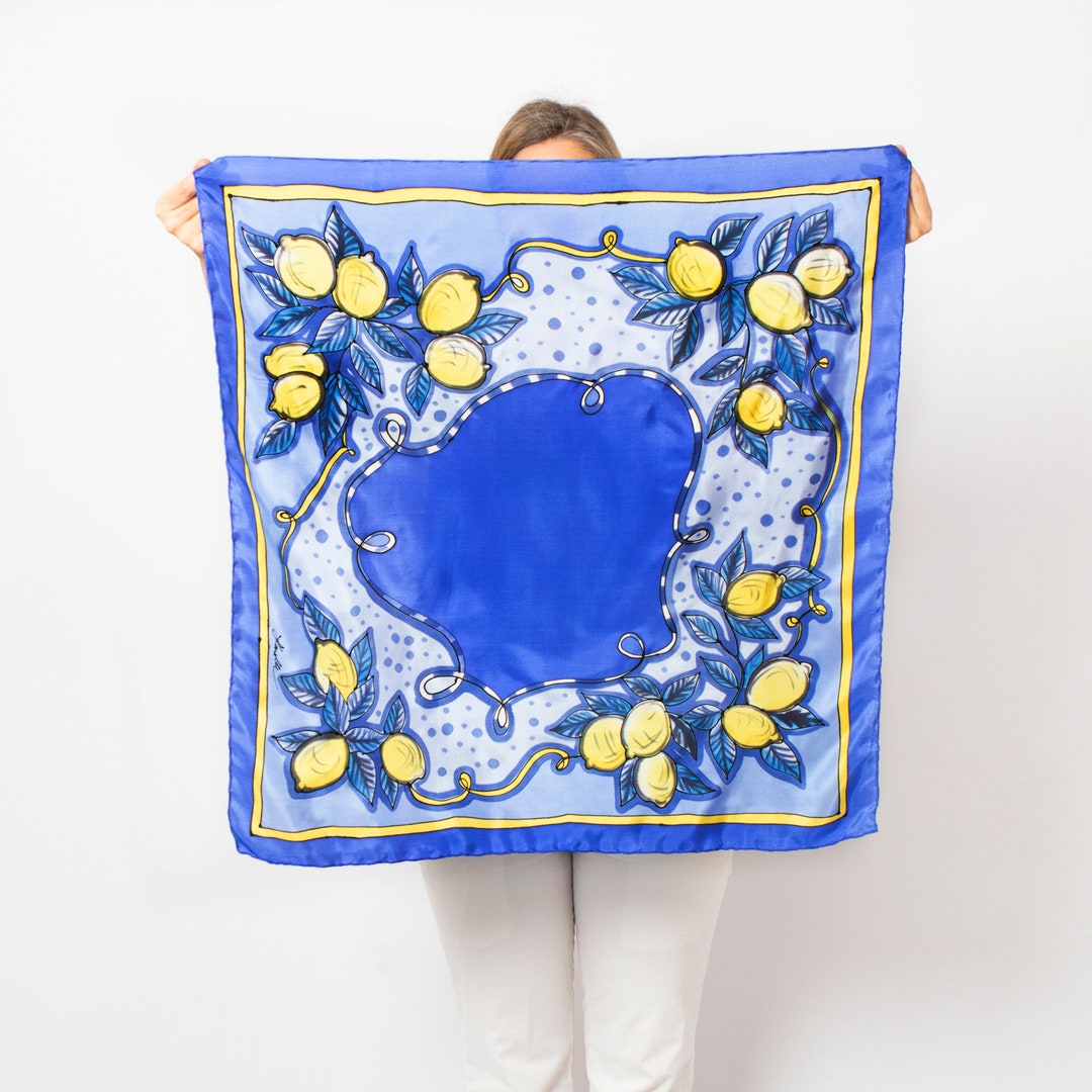 Hand Painted Lemon Silk Scarf: Positano Italy Inspired, Blue Square ...