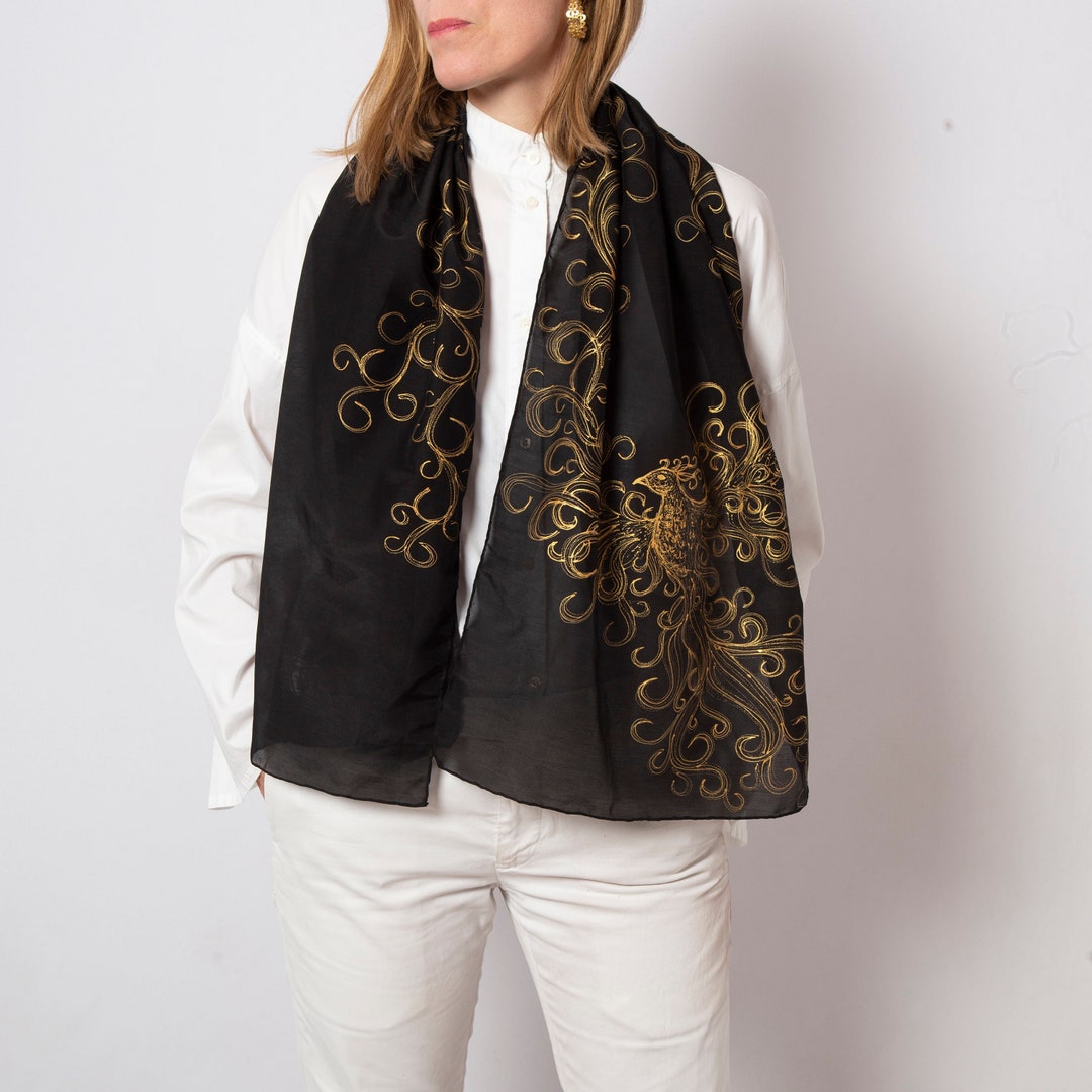 Phoenix Bird Hand Painted Silk Scarf Phoenix Scarf Pure Silk Scarf Women Long Scarf Mythology ...