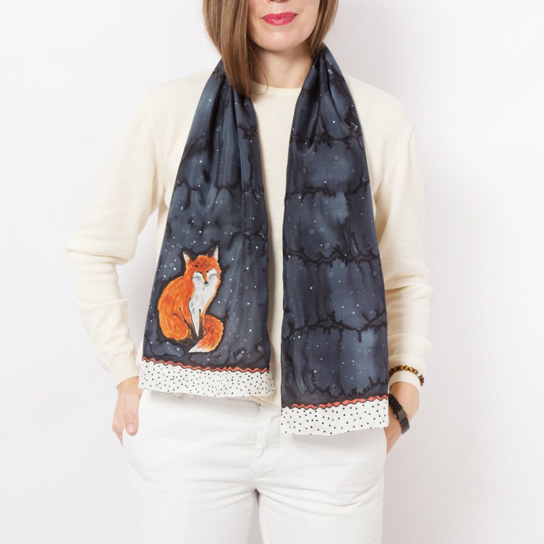 Hand Painted Fox Silk Scarf Red Orange Grey Fox Lover Gift 53X14 - Etsy