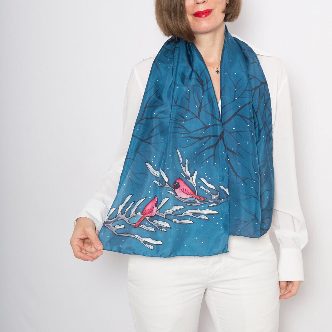 Cardinal Bird Hand Painted Silk Scarf Red Cardinal Scarf Silk Scarf ...