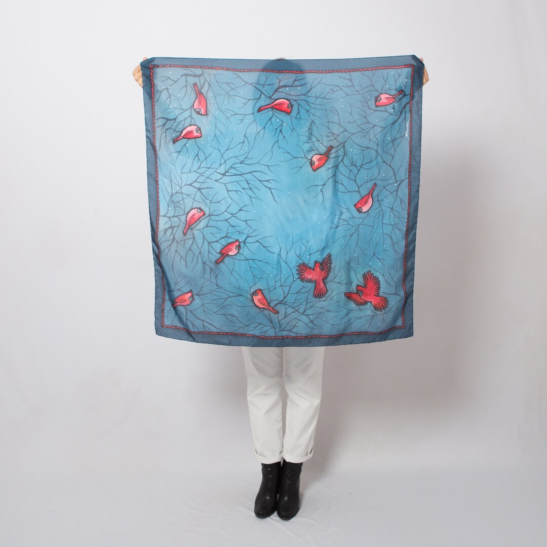 Cardinal Bird Hand Painted Silk Scarf Cardinal Scarf Bird Christmas ...