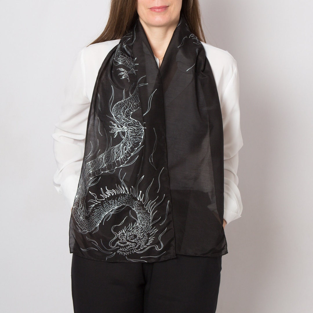 Dragon Scarf Hand Painted Silk Scarf Year of Dragon Black Silver Scarf ...