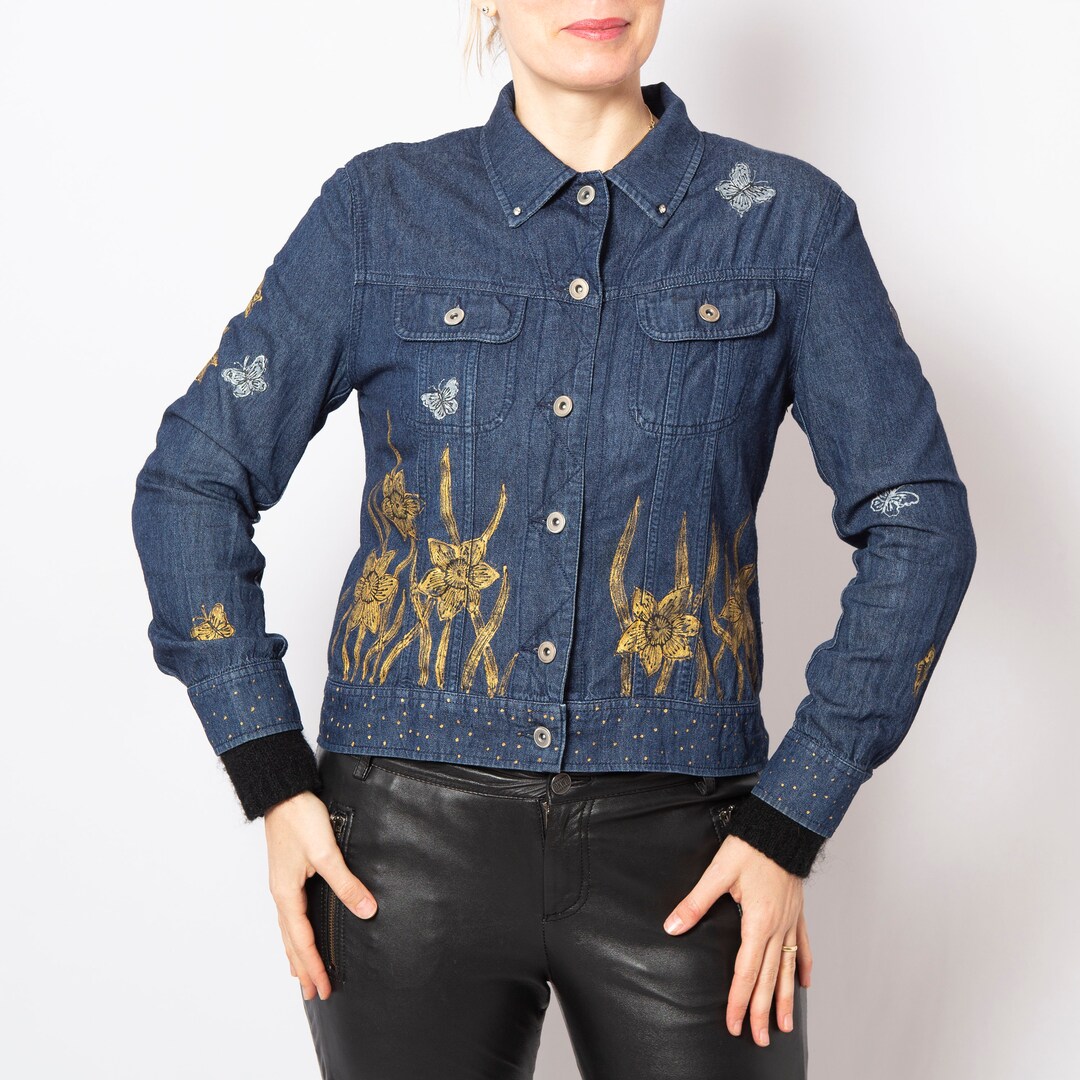 Hand Painted Denim Jacket Bridal Denim Jacket Daffodil Print Spring ...
