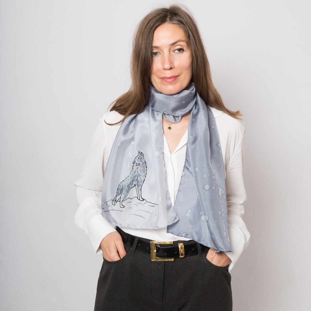 Wolf Hand Painted Silk Scarf Wolf Print Scarf Grey Silk Scarf Ombre ...