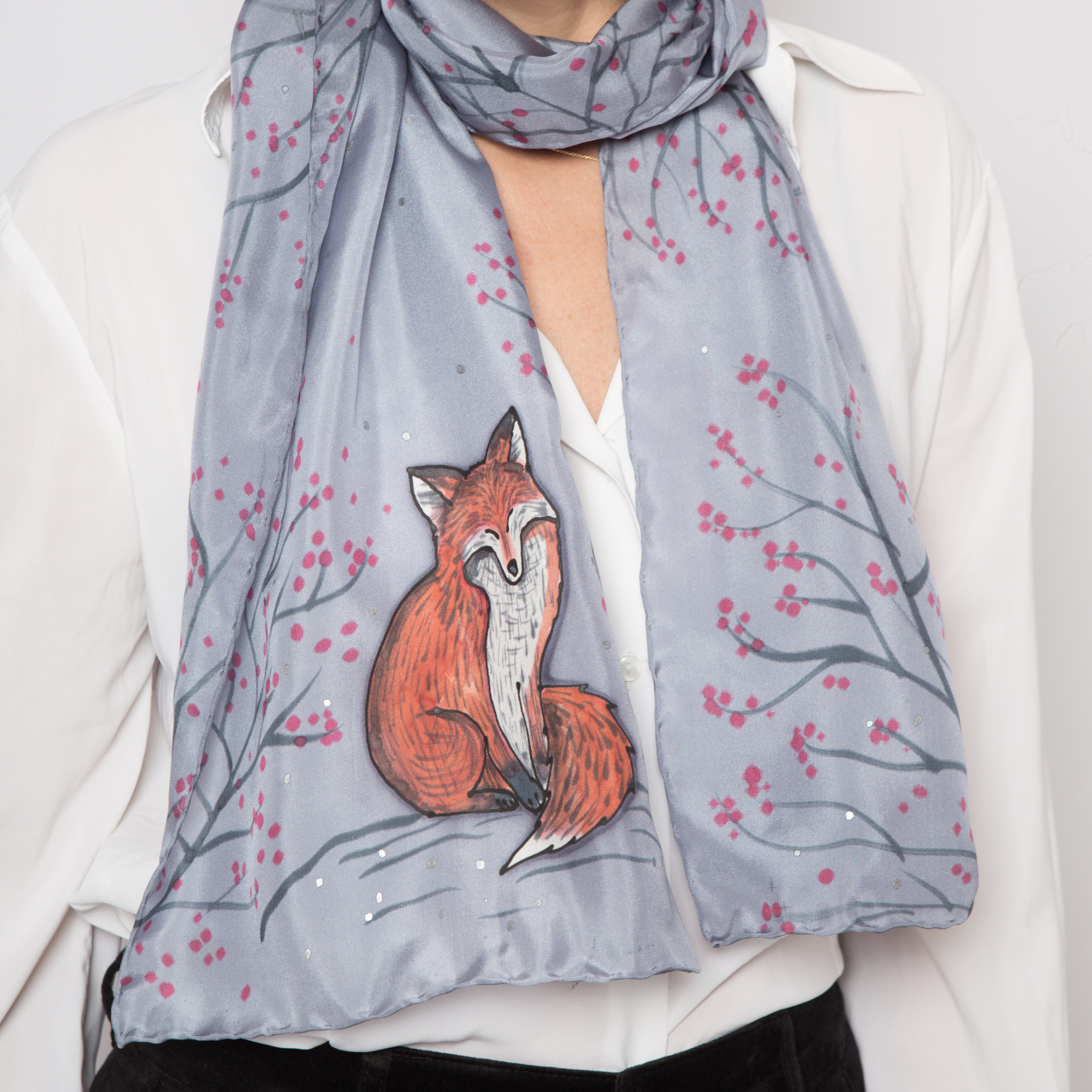 Fox Scarf Hand Painted Silk Scarf Fox Christmas Scarf Winter Scarf Grey ...