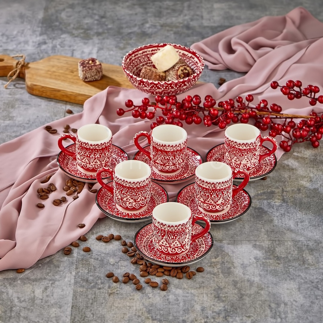 Handmade Ceramic Coffee Cups and Saucers Set With 4.7" Bowl Gift, Red ...