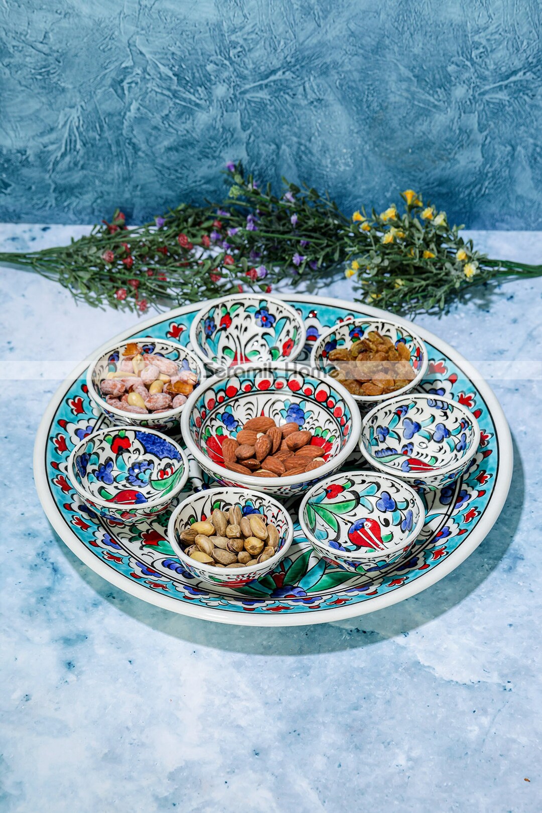Rustic Ottaman Tray and Bowl Set, Hand Painted Turkish Ceramic Serving ...