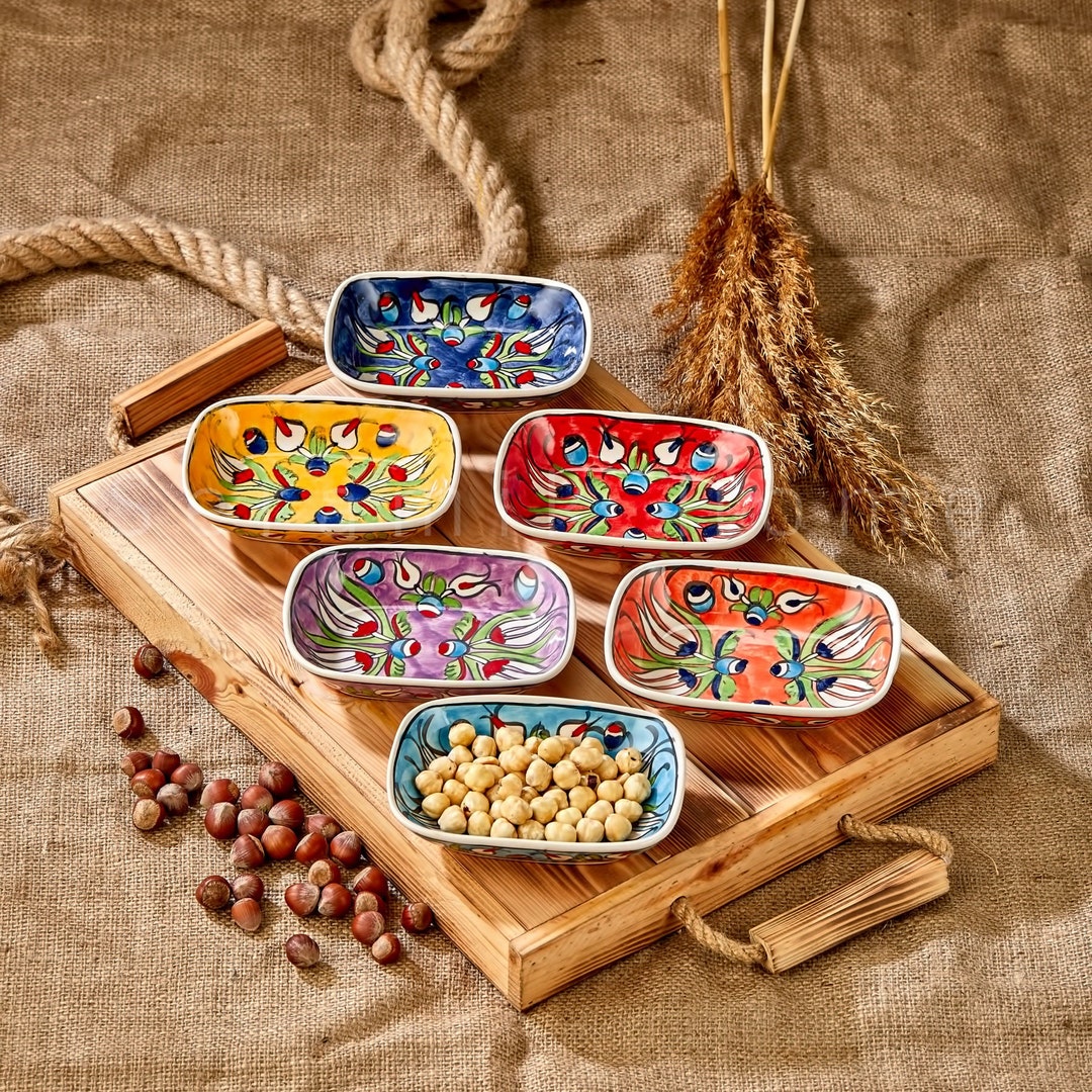 Colorful Pottery Serving Bowl, Hand Painted Ceramic Rectangular Meze ...