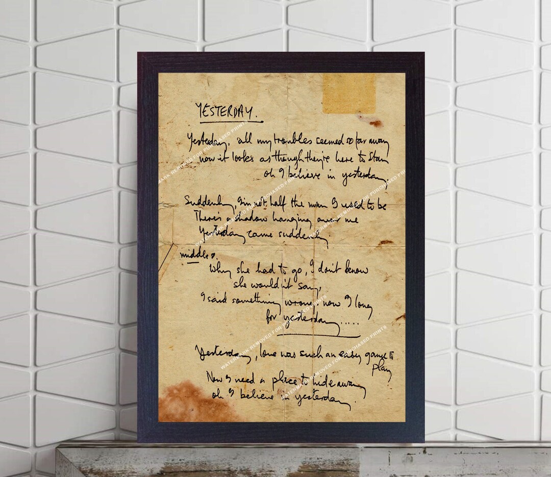 The Beatles 'yesterday' Lyrics Print: John Lennon Handwritten Poem ...
