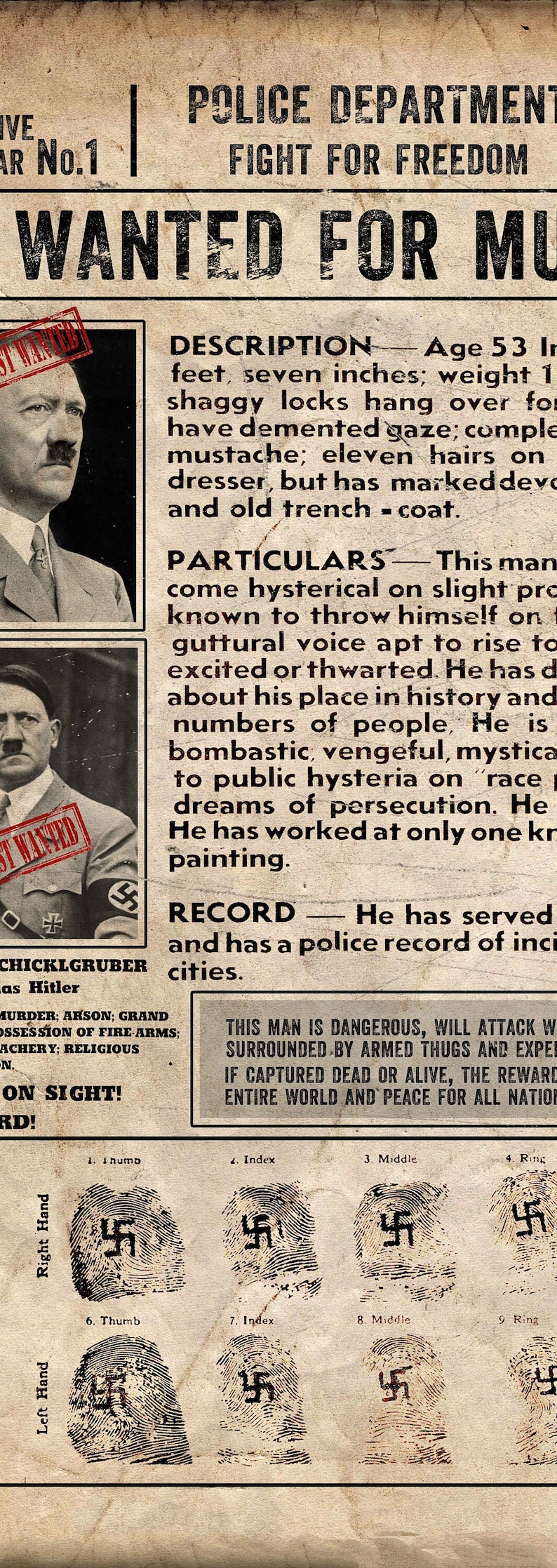 World War Adolf Hitler Wanted WW2 Newspaper Nazi Print Vintage Photo ...