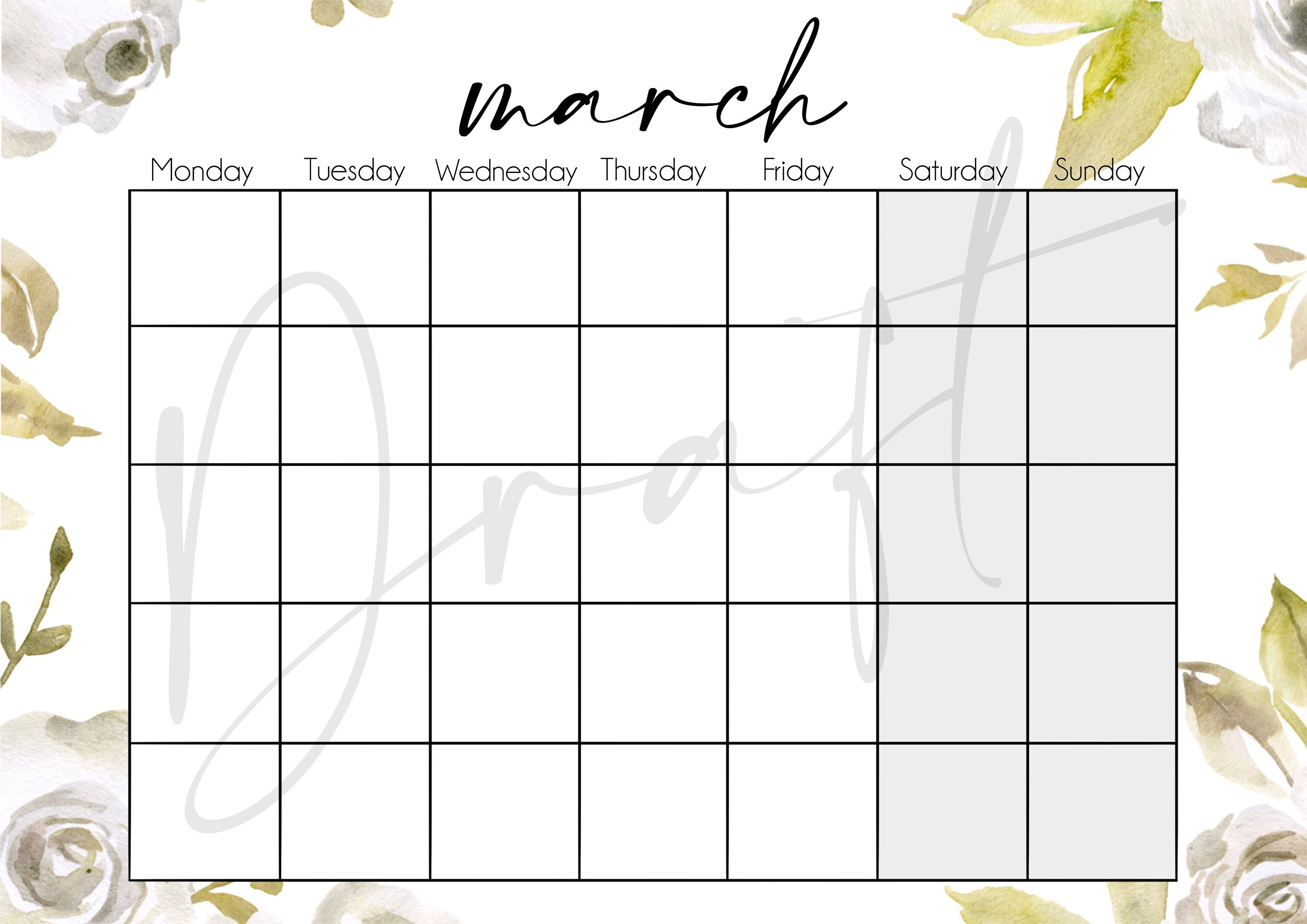 Yearly Calendar Blank Dates - Printable Digital Download - Etsy