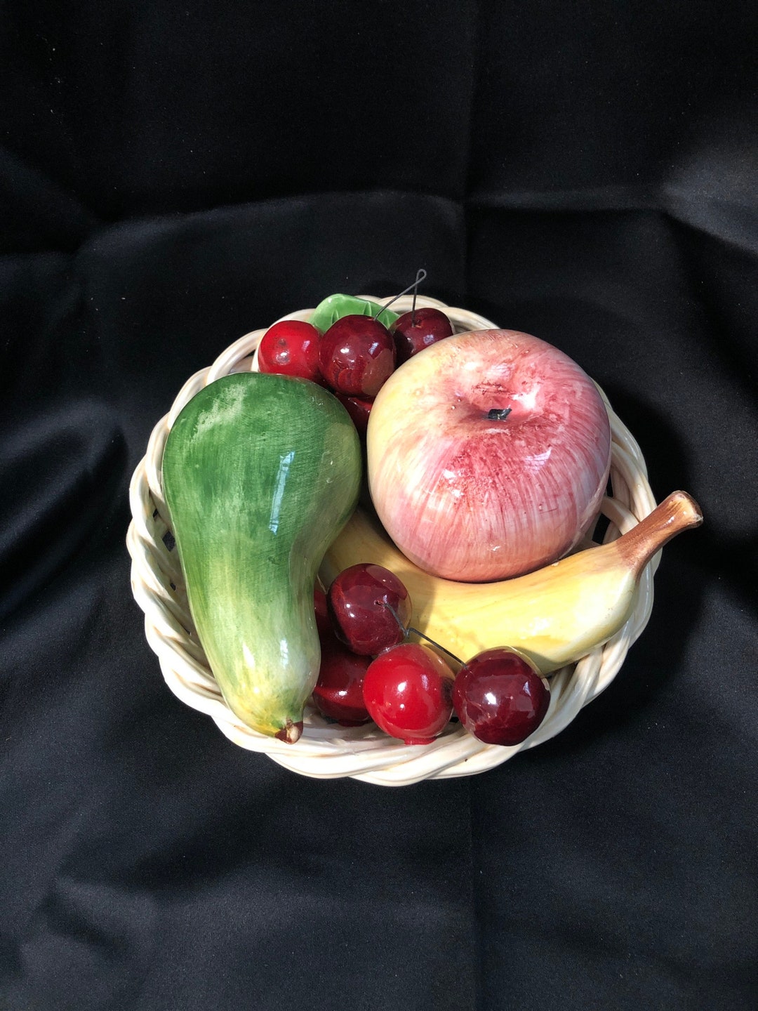 Vintage Italian Ceramic Fruit Arrangement in Basket 7.5” Kitchen Decor ...