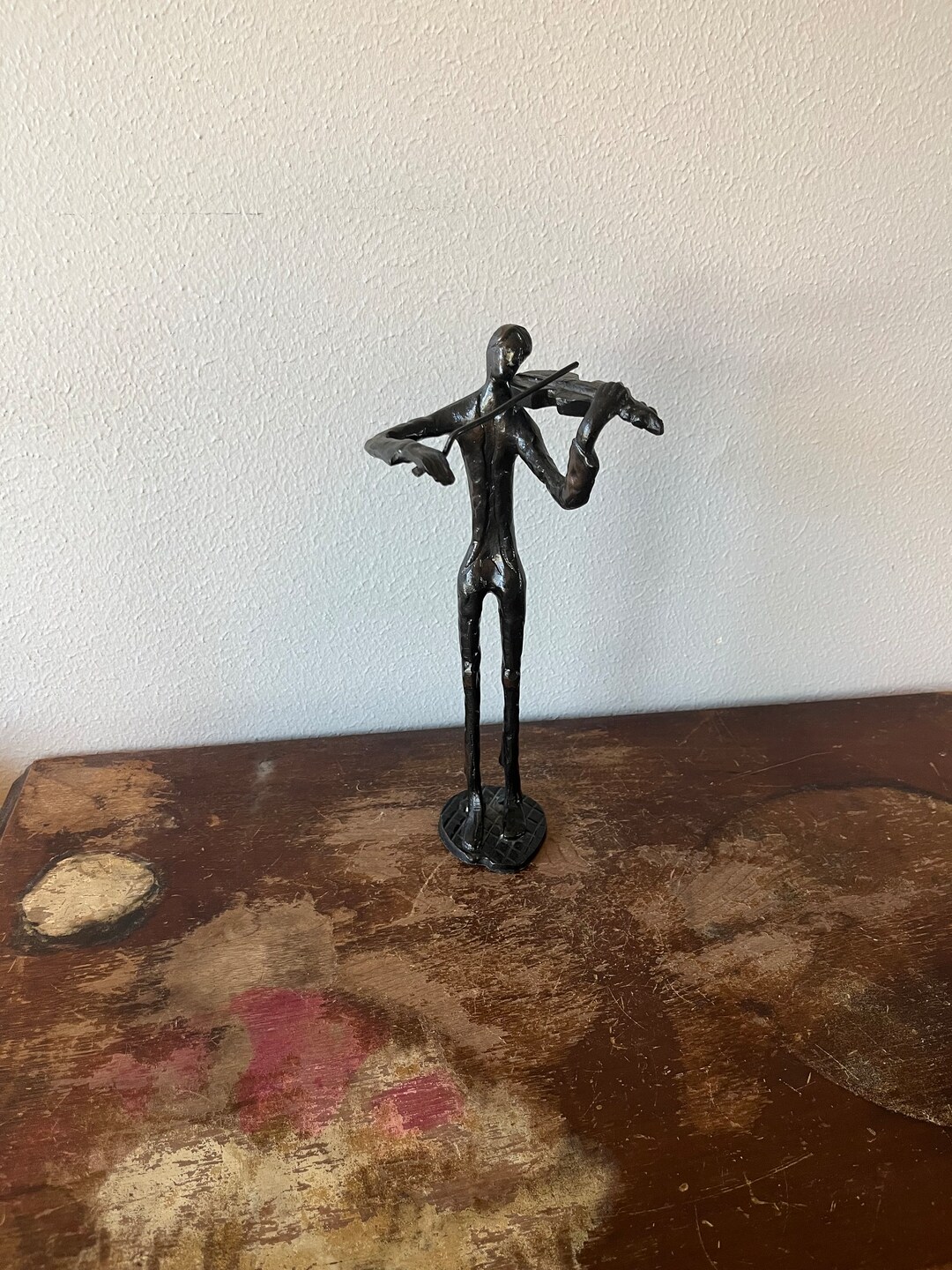 Vintage Brutalist Violin Player Statue Cast Iron Giacometti Style Music ...