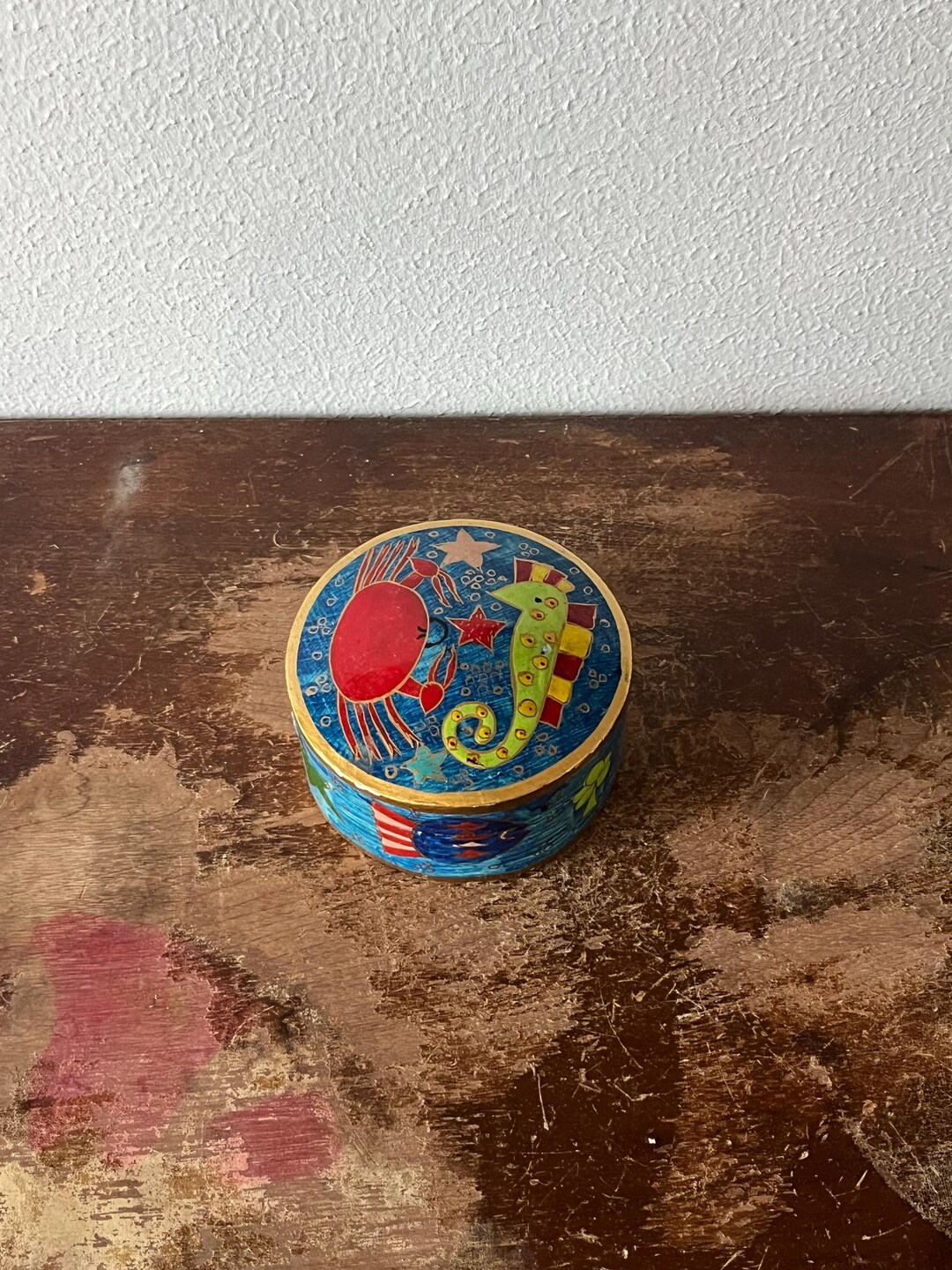 Vintage Paper Mache Trinket Box Round Box Painted Decoration Box Ocean ...