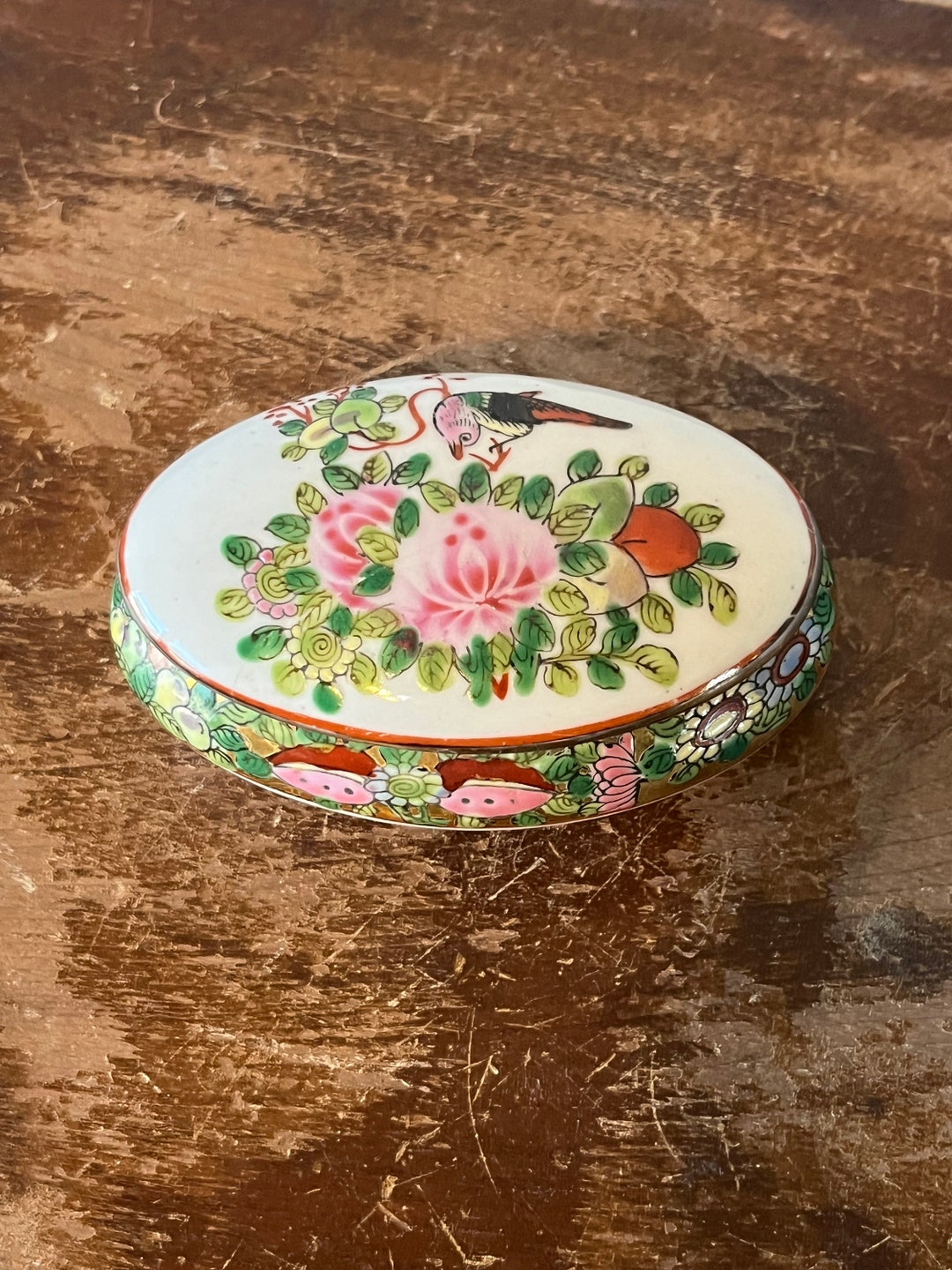 Vintage Chinese Famille Rose Trinket Box Floral Birds Porcelain Rose ...