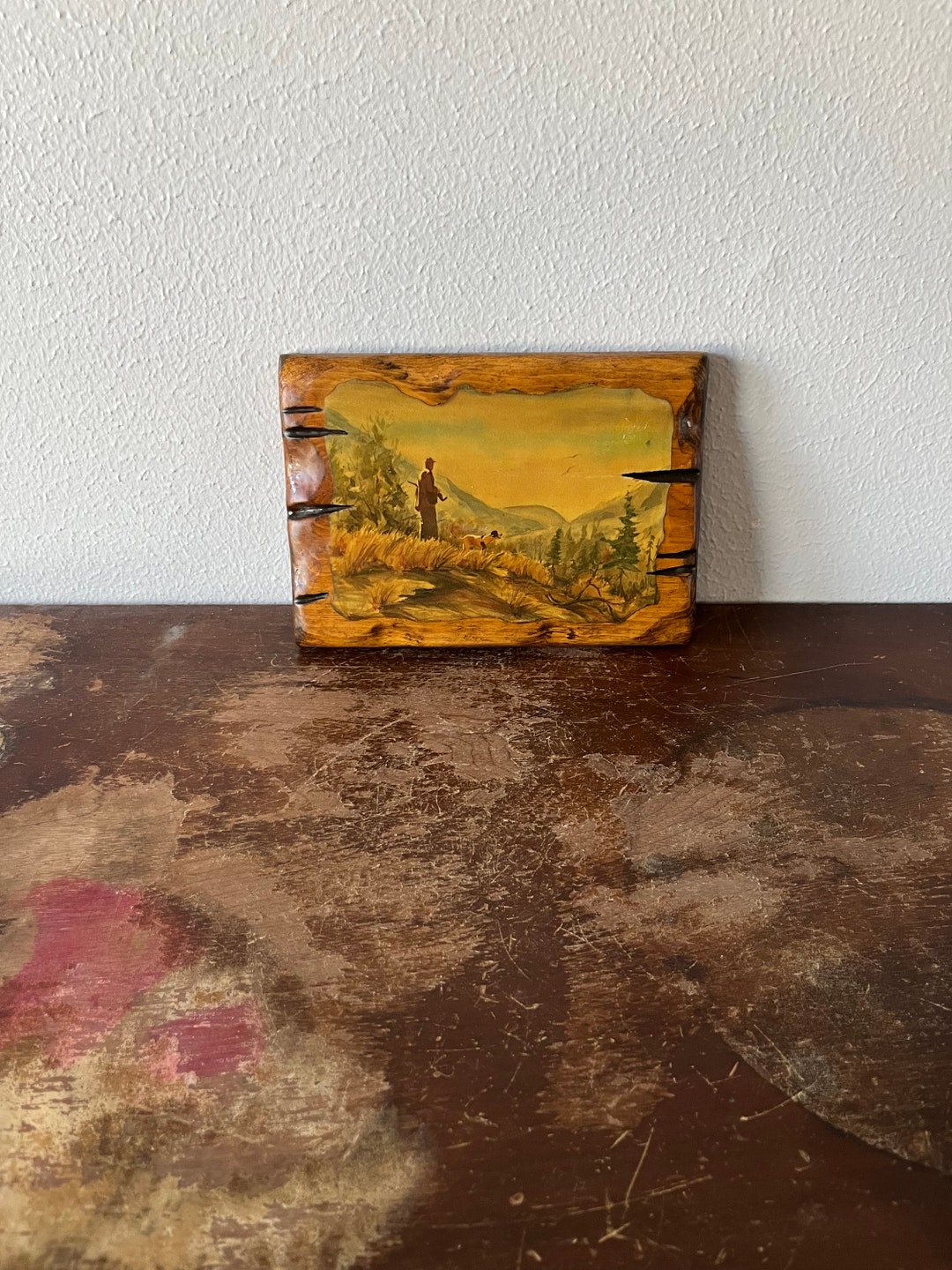 Vintage Landscape Hunting Scene Print Mounted to Wood Rustic Art Decor ...