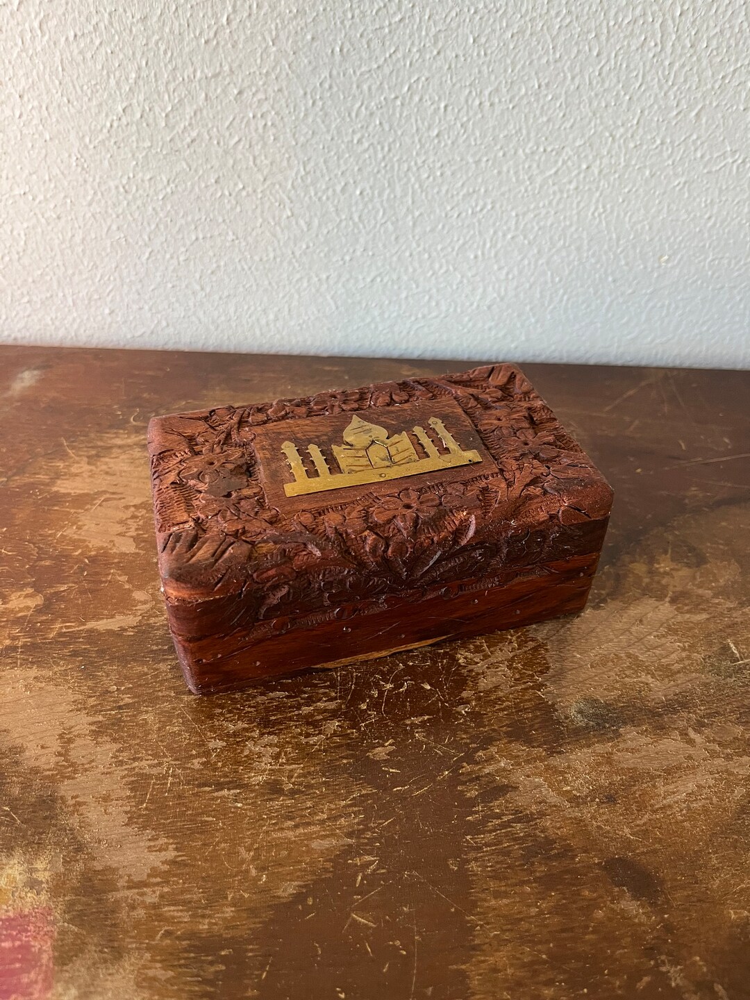 Vintage Carved Wooden Box Taj Mahal Brass Plaque Floral Carved Box ...