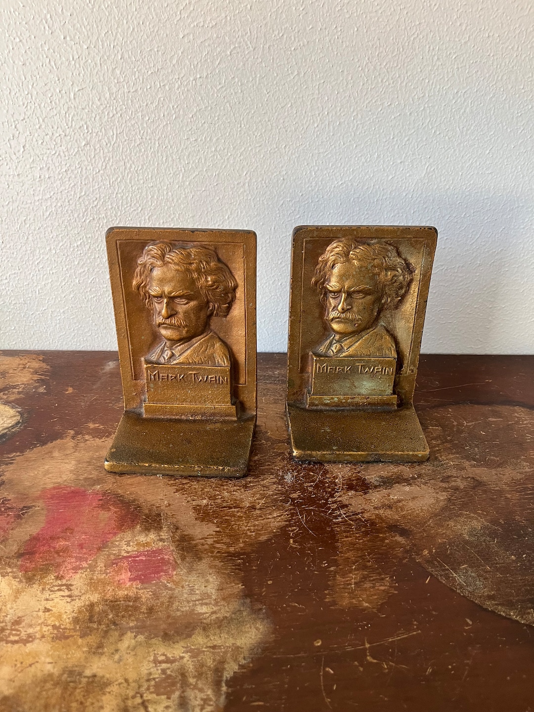 1910 Mark Twain Bookends Cast Brass Marked BF & MF Antique Decor Heavy ...