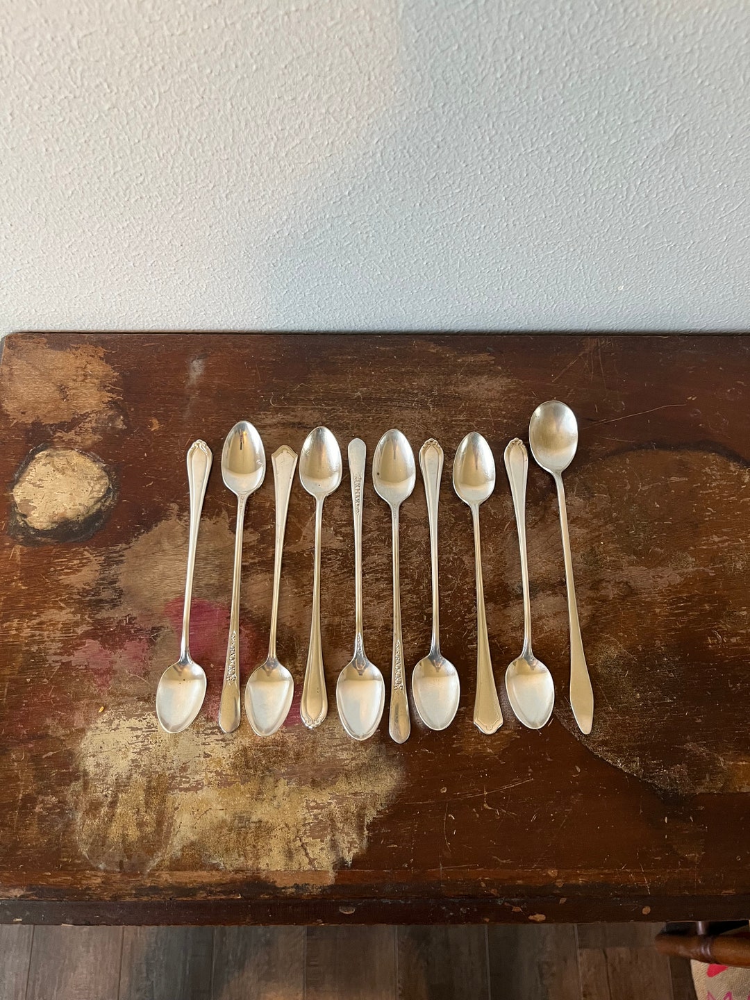 Nine Silverplate Iced Tea Spoons Including One Stir Spoon Different ...