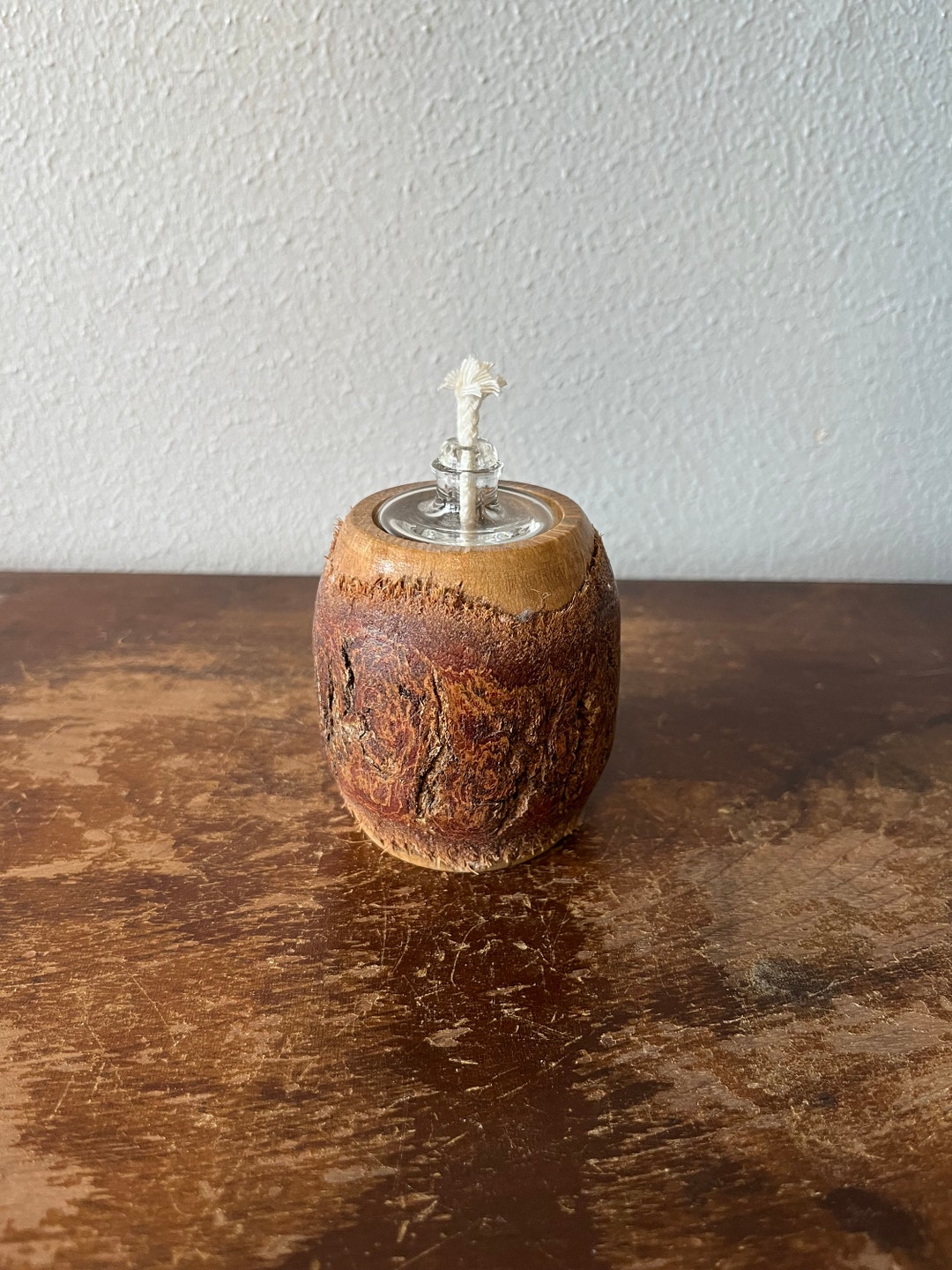Vintage Live Edge Wood Oil Lamp Glass Insert Bark Wood Rustic Decor - Etsy