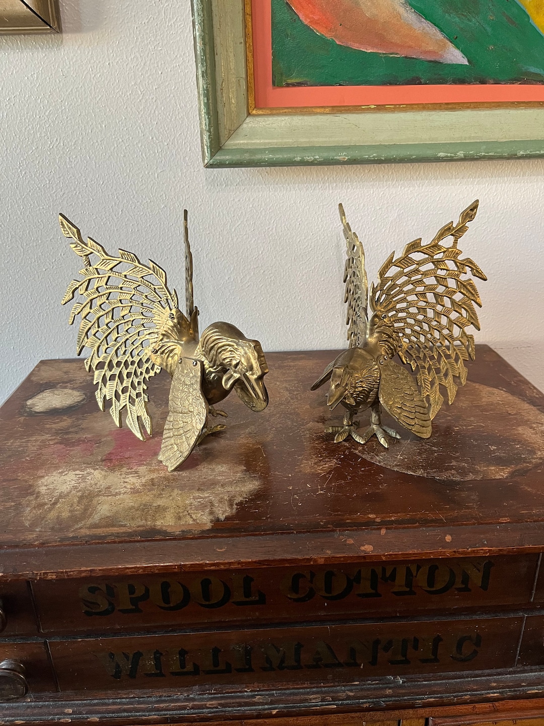 Vintage Pair of Brass Fighting Roosters Bookends Figurines Brass ...