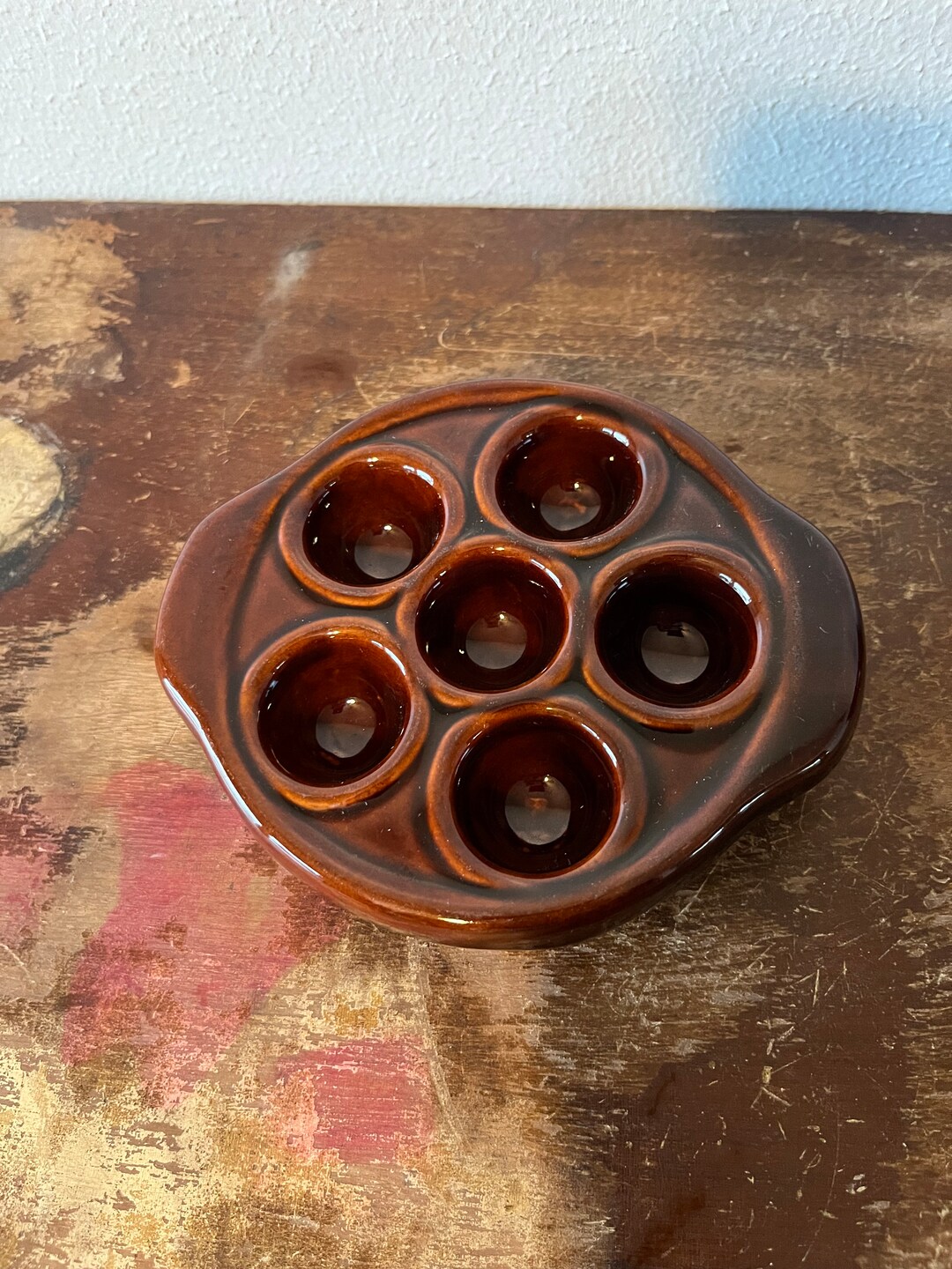 Ceramic Glazed Lugged Escargot Dish Plate ONE DISH Brown Glaze Hosting ...