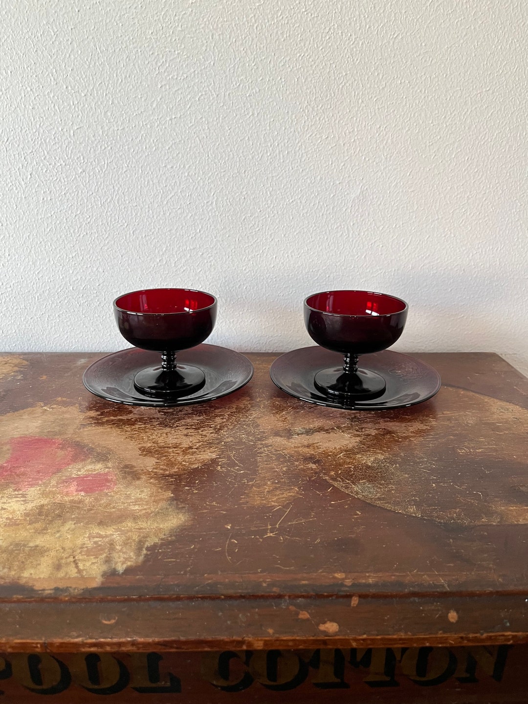 Set of 2 Ruby Red Sherbet Glass and Underplate Tablescaping Red Glass ...